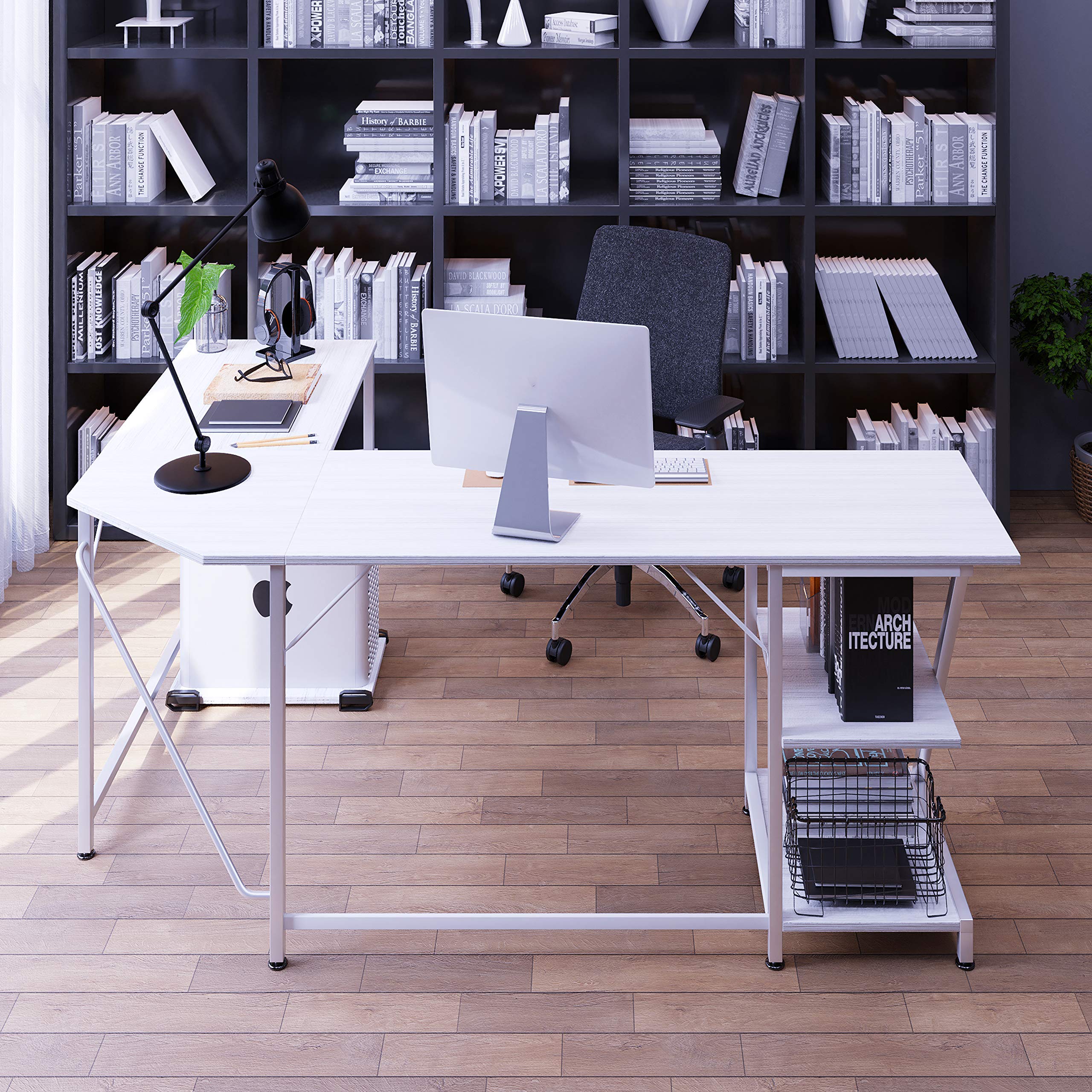 NOXU White L Shaped Desk with Shelves - Large Modern 66''x47''x29.5'' (LxWxH) - Reversible L Shaped Gaming Desk for Home or Office - Safe and Sturdy Computer Desk with Storage - Corner Desk Table