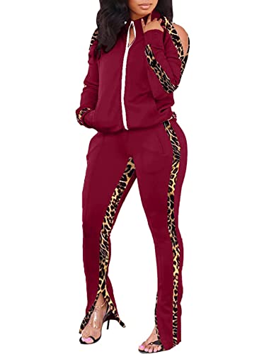ThusFar Women's Jogging Suits Tracksuits 2 Piece Outfits Stripe Cold Shoulder Sweatshirt Long Pants Sweat Suits Sportswear Sets Wine Red XXL