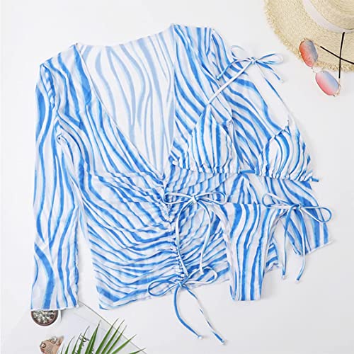 Nhicdns Women's 3 Piece Swimsuits Sexy Triangle Halter Bikini Set Mesh Beach Bathing Suit Cover up Dress Blue Stripe X-Large New