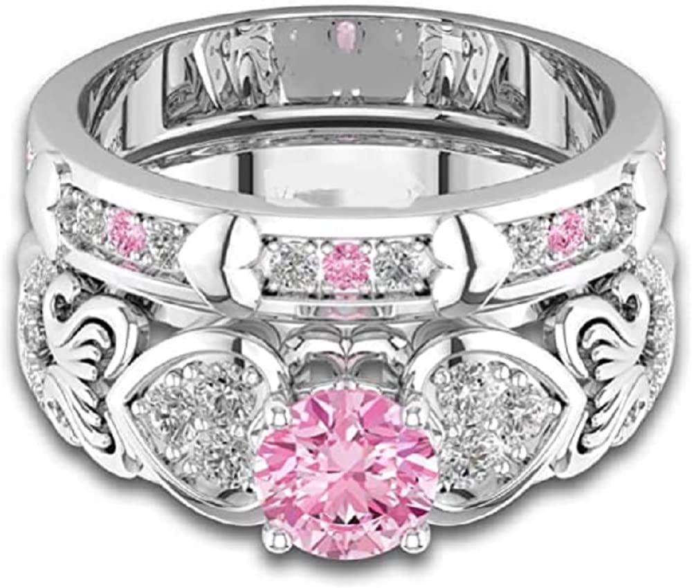 TVS-JEWELS 0.75Ct Round Cut Pink Sapphire & Diamond Flower Inspired Wedding Bridal Ring Set 14k White Gold Finish (10)