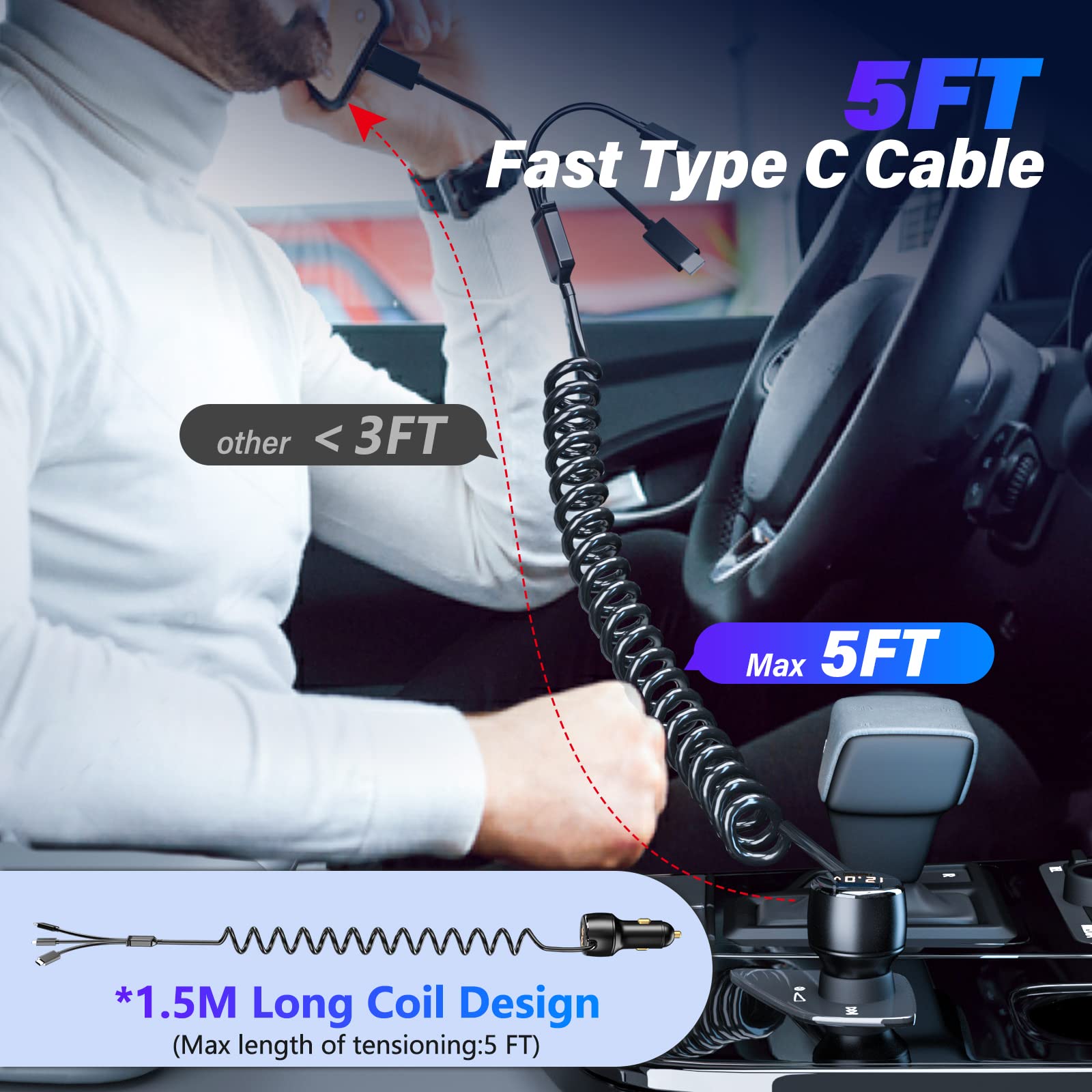 Phmnkl 66W High-Speed Car Charger - 5-Port Fast Charging Hub with PD & QC3.0, Universal Compatibility for iPhone 15/14/13/12/11, Samsung Galaxy S23/S22/S21, Note20/10, Pixel & More Devices