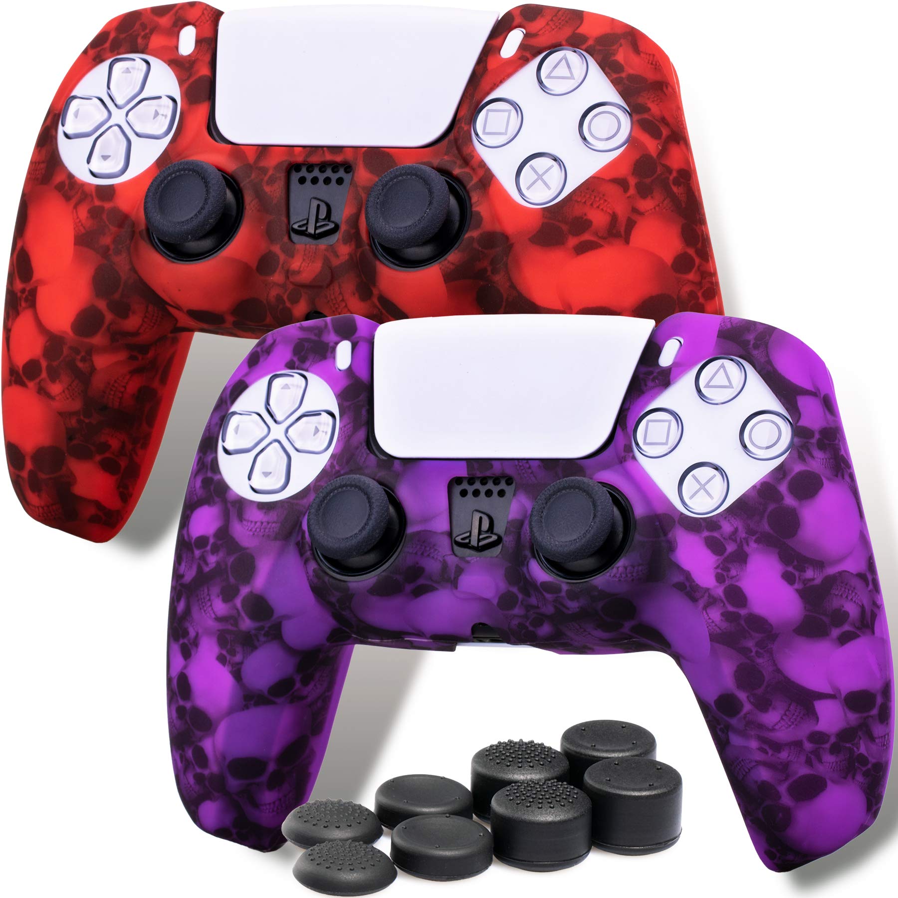 Playrealm Soft Stamp Silicone Skin Cover x 2 & Thumb Grips x 8 for PS5 Dualsenese Controller (Skulls Red+Purple)