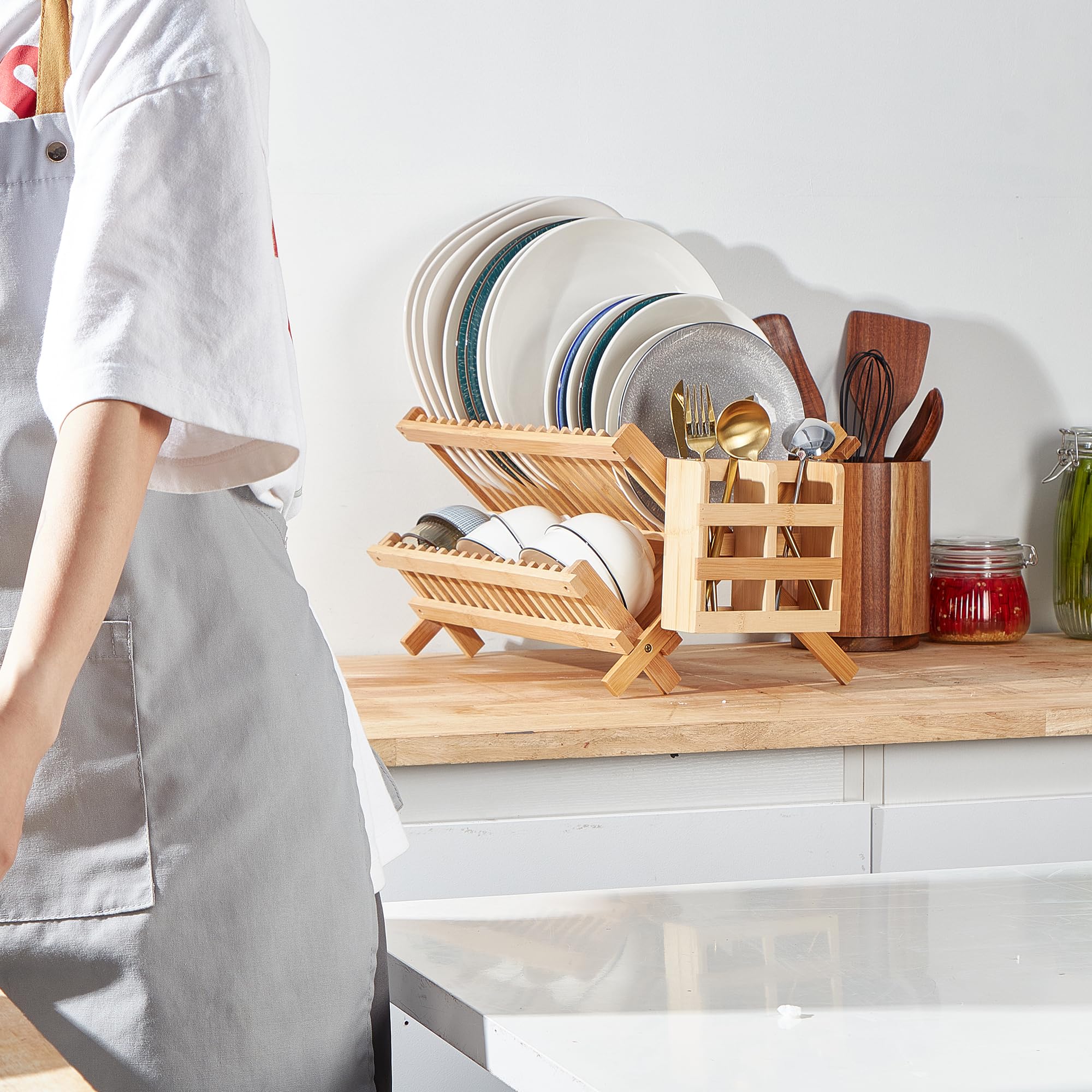 NOVAYEAH Bamboo Dish Drying Rack-2 Tier, Collapsible Small Dish Rack with Utensil Holder, Wooden Drying Rack for Kitchen Counter, Apartment Essentials Kitchen Plate Holder, Kitchen Organization