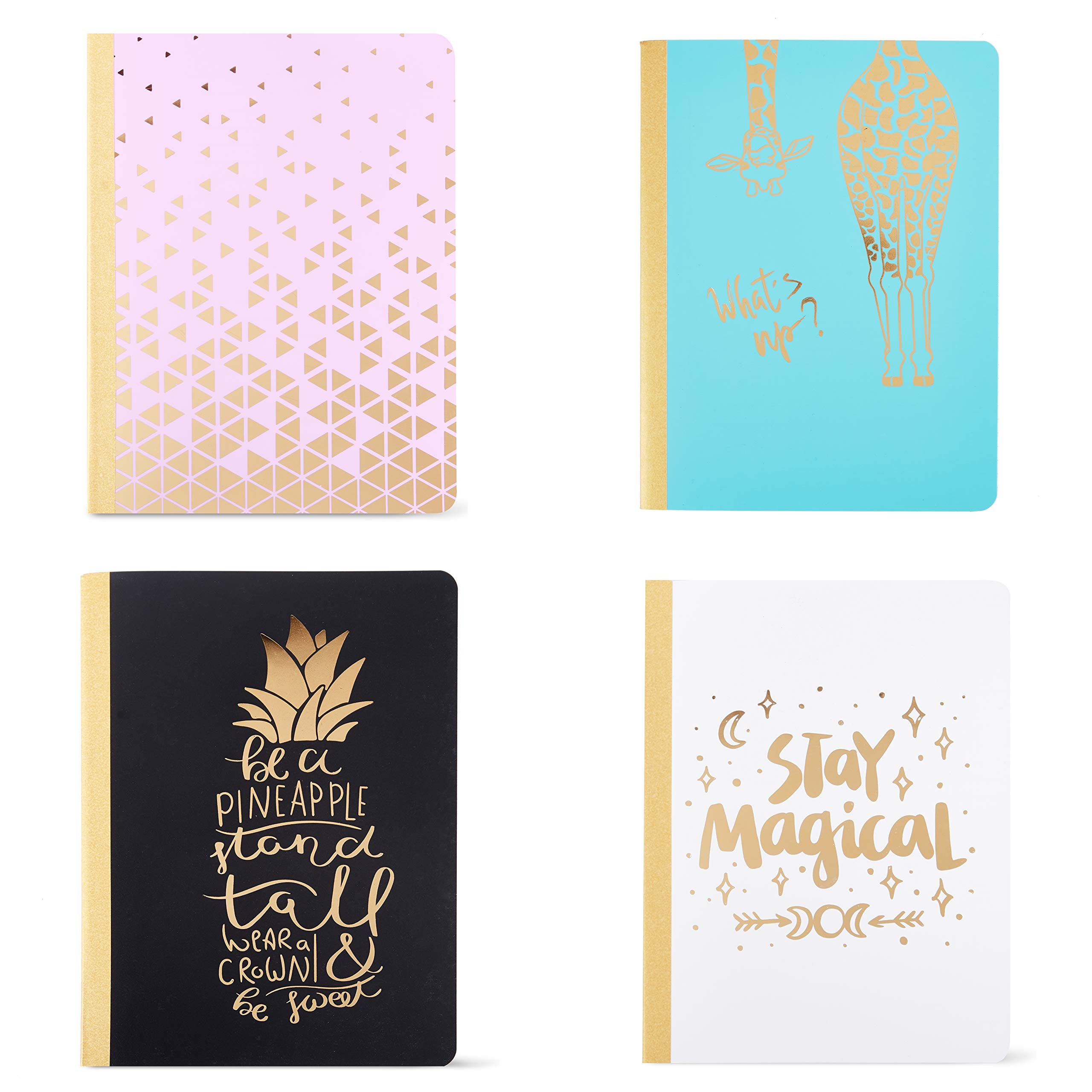 Pen + Gear 4-Pack Poly Composition Notebook, Single Subject, 9-3/4" x 7-1/2", College Ruled, 80 Sheet, Gold Foil Girly Set; Teal, Black, Pink, Purple, and White (Various Patterns)