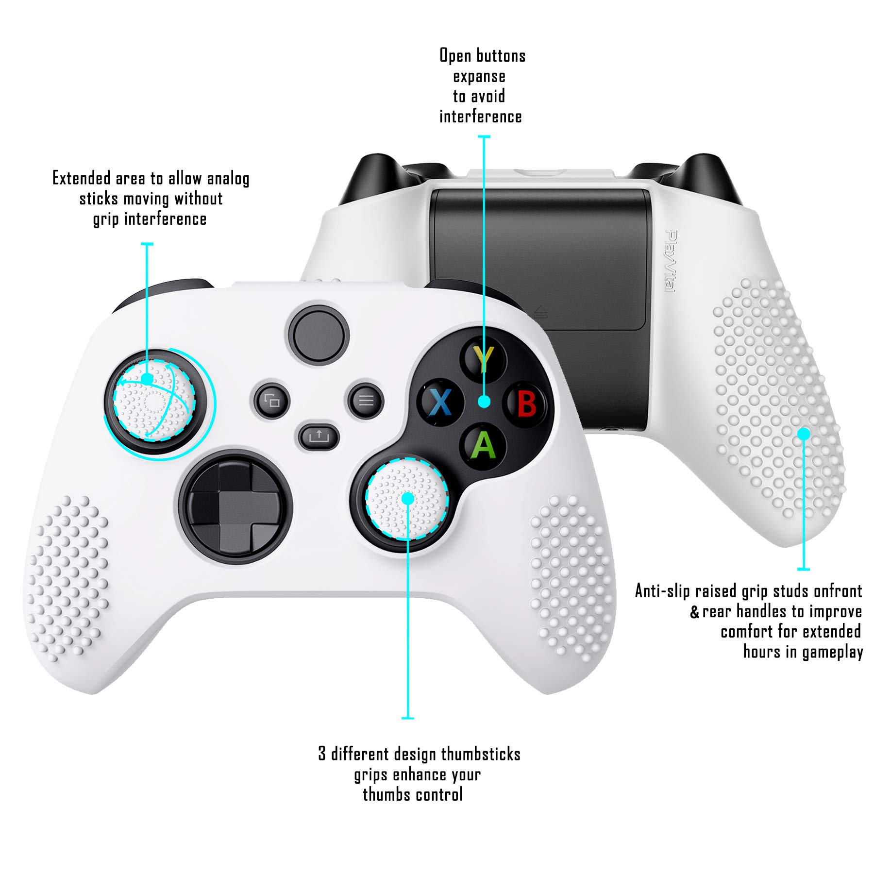 PlayVital White 3D Studded Edition Anti-Slip Silicone Cover Skin for Xbox Series X Controller, Soft Rubber Case Protector for Xbox Series S Controller with 6 White Thumb Grip Caps