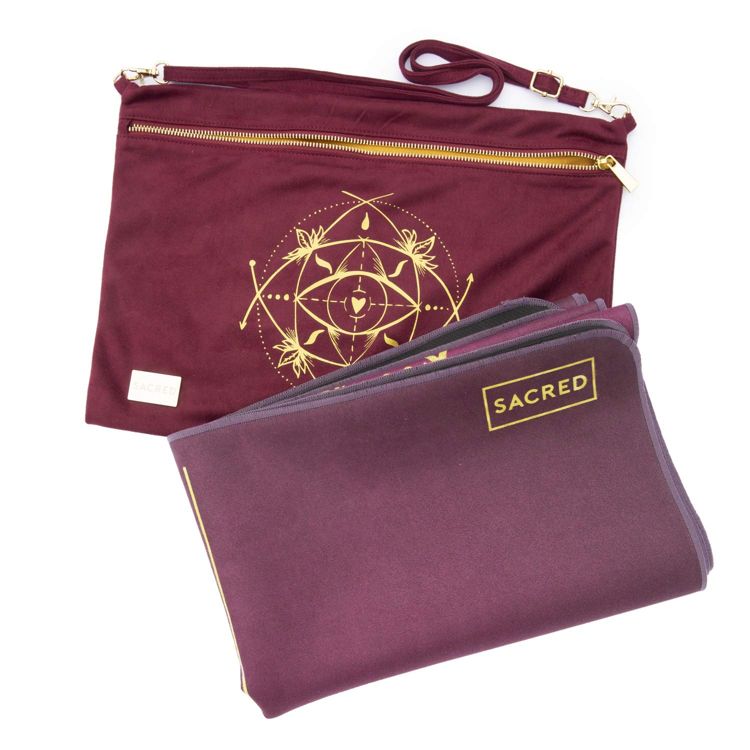 SACRED Travel Portable Yoga Mat | Extra Grip & Foldable Mat with Pouch | Extra Long, Lighter & Eco-Friendly Mat | Comfortable 1.5mm Thick Exercise Mat with Central Alignment Lines (Burgundy)