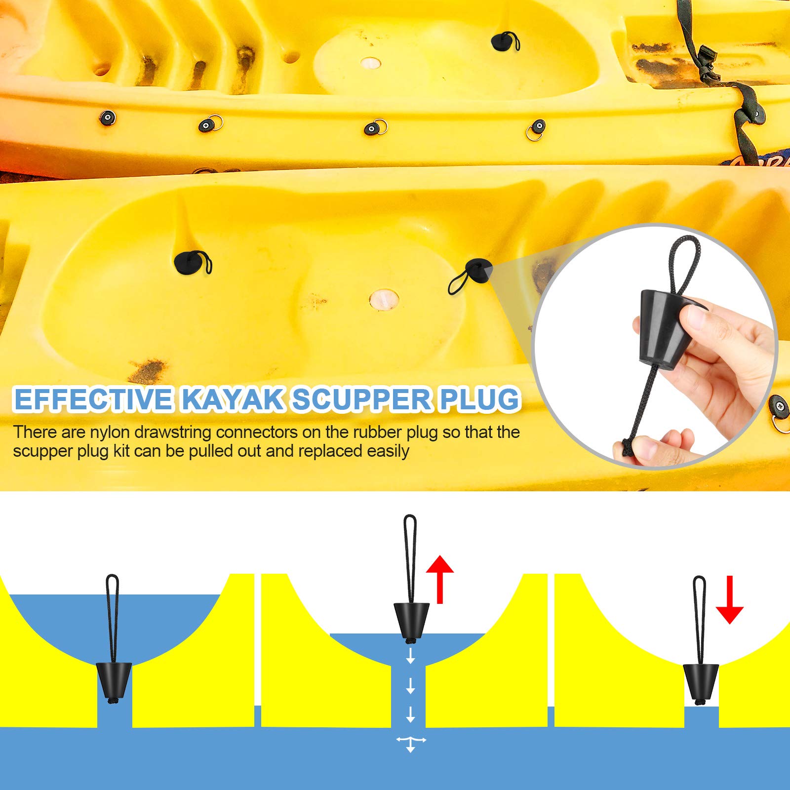 Tallew 8 Pieces Kayaking Accessories Include 4 Pieces Universal Kayak Scupper Plugs Canoe Drain Holes Stopper Bung and 4 Pieces Universal Kayak Paddle Drip Rings