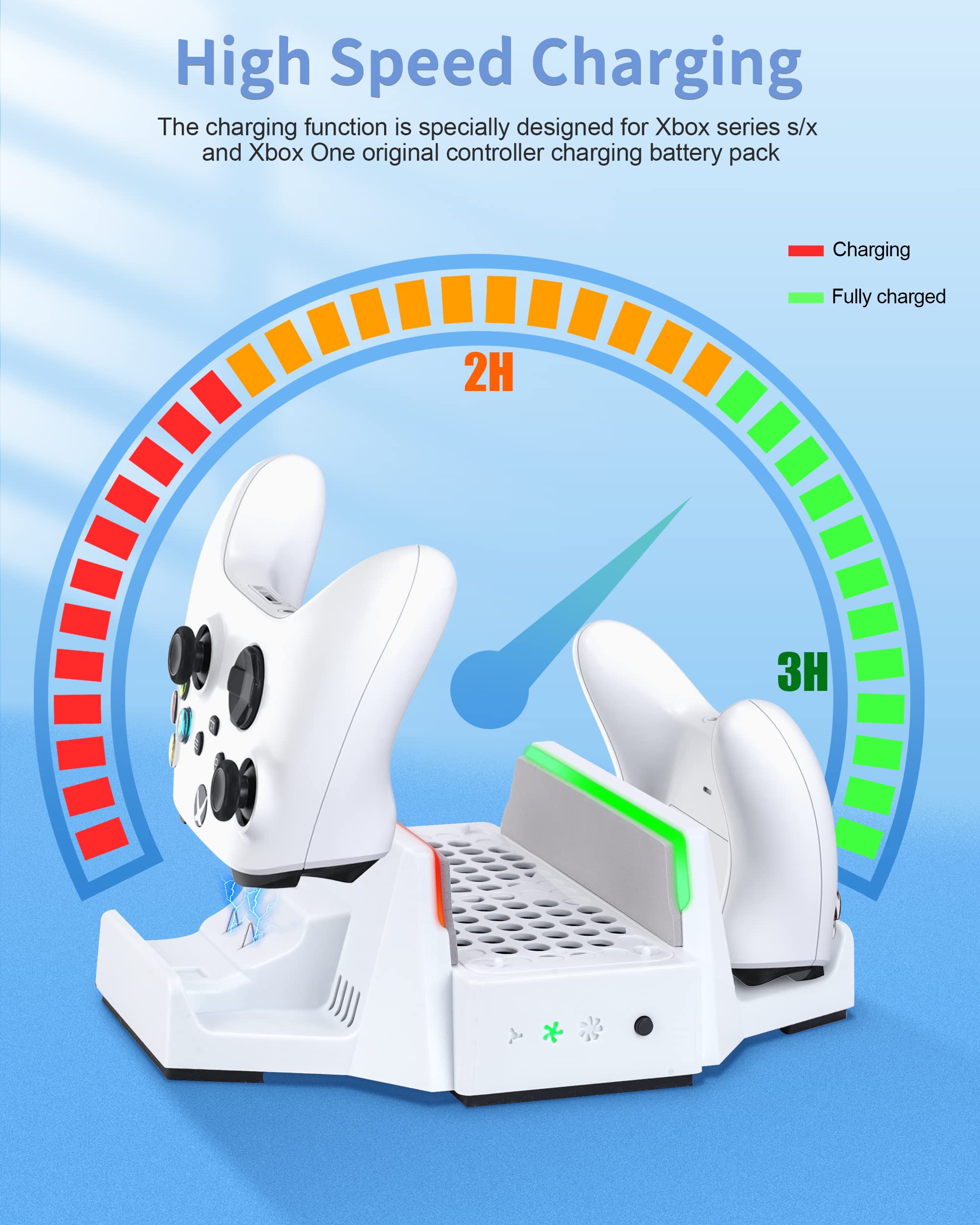 Wiilkac Cooling Stand for Xbox Series S with Dual Cooling Fans 3 Level Adjustable Speed, Cooler Fan with Headphone Hook, Dual Controller Charger, LED Indicator & USB Port