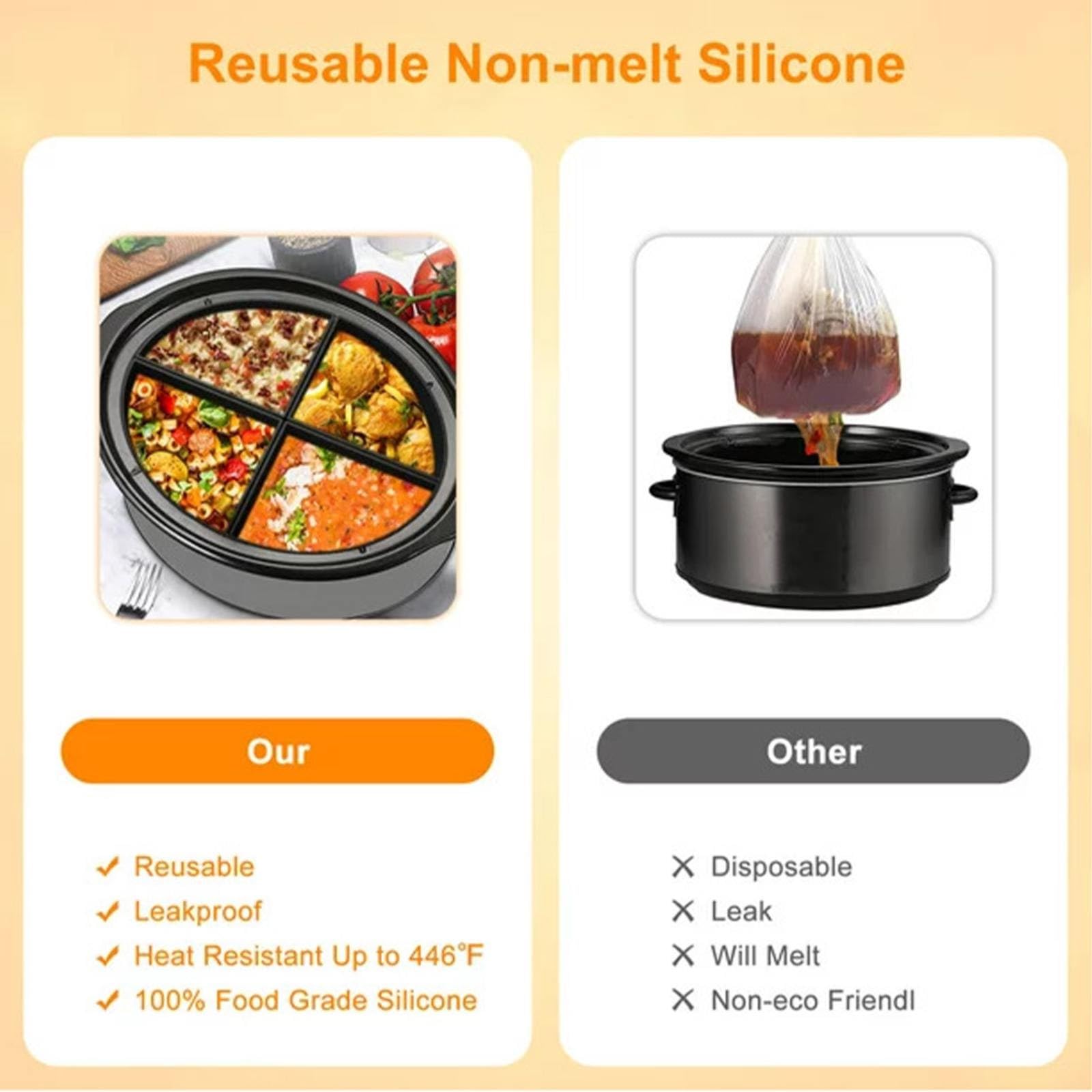 npkgvia Slow Cooker Liners Divider 4 in 1 Silicone Liner Fits 6 Silicone Liner Reusable Food Grade Silicone Cooking Liner for 6 Pot High Thermostability Leak Proo Small Saute Pan (Black, One Size)