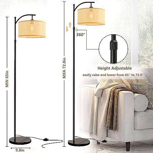 QIYIZM Floor Lamp with Remote Arc Boho Rattan Standing Lamp,Farmhouse Dimmable Industrial Black Wicker Floor Light Rustic Adjustable Tall Lamp,Bamboo Lamp Shade Floor Lamps for Living Room Bedroom
