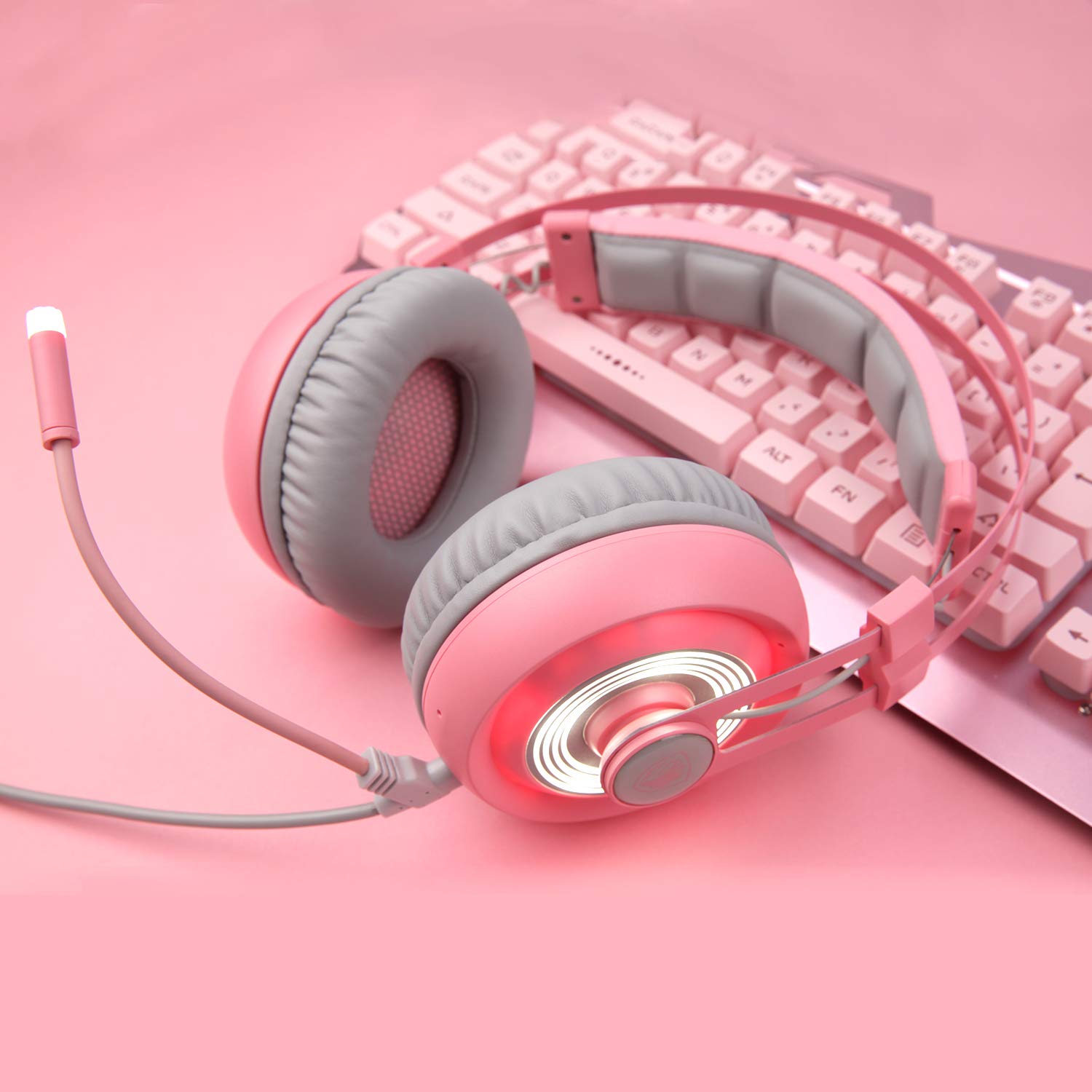 SADES Gaming Headset for PC Mac, USB 7.1 Surround Sound Wired Headset with Mic,LED Light & Noise Cancelling Over Ear Headphones - Pink