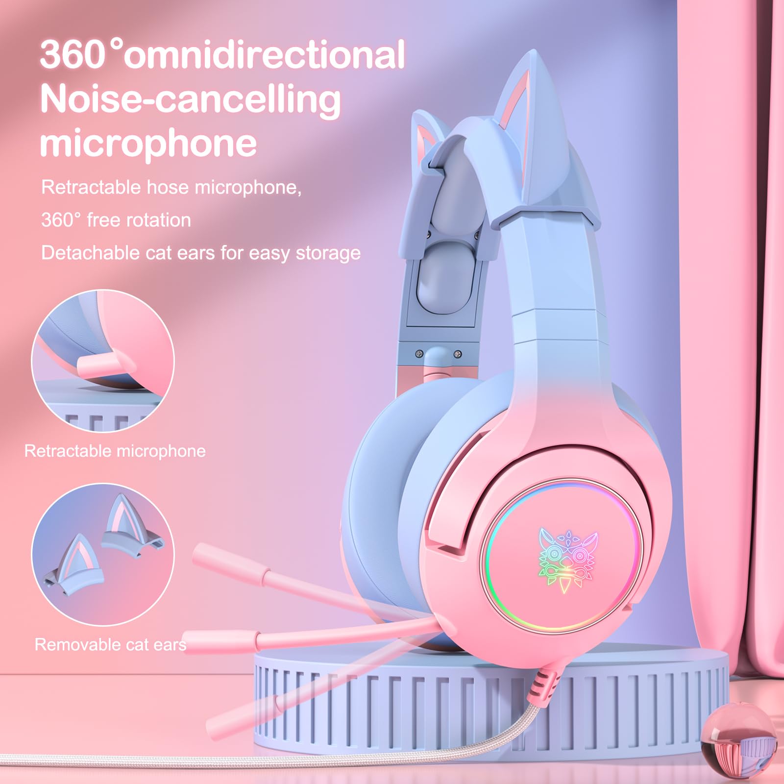 PHNIXGAM Gaming Headset for PS4, PS5, Xbox One(No Adapter), Cat Ear Headphones with Noise Cancelling Microphone, RGB Backlight, Surround Sound for PC, Mobile Phone, Gradient Pink Blue