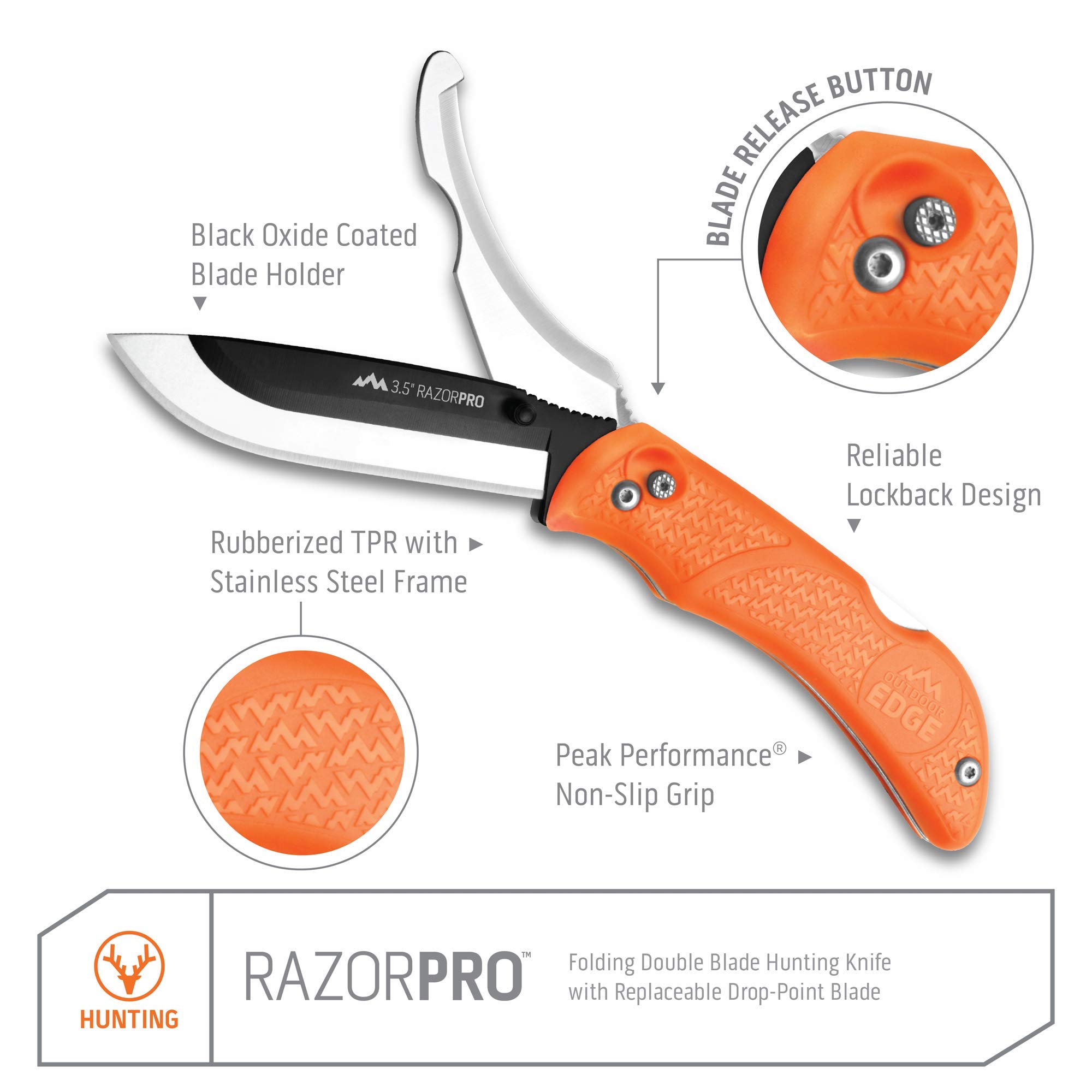 OUTDOOR EDGE RazorPro - Double Blade Folding Hunting Knife with Replaceable Razor Blade, Gutting Blade and Camo Nylon Sheath (Orange, 6 Blades)