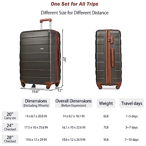 Merax 3 Piece Expandable ABS Hardshell Luggage Sets Spinner Wheel Suitcase TSA Lock Suit Case, Brown, 20/24/28 Inch