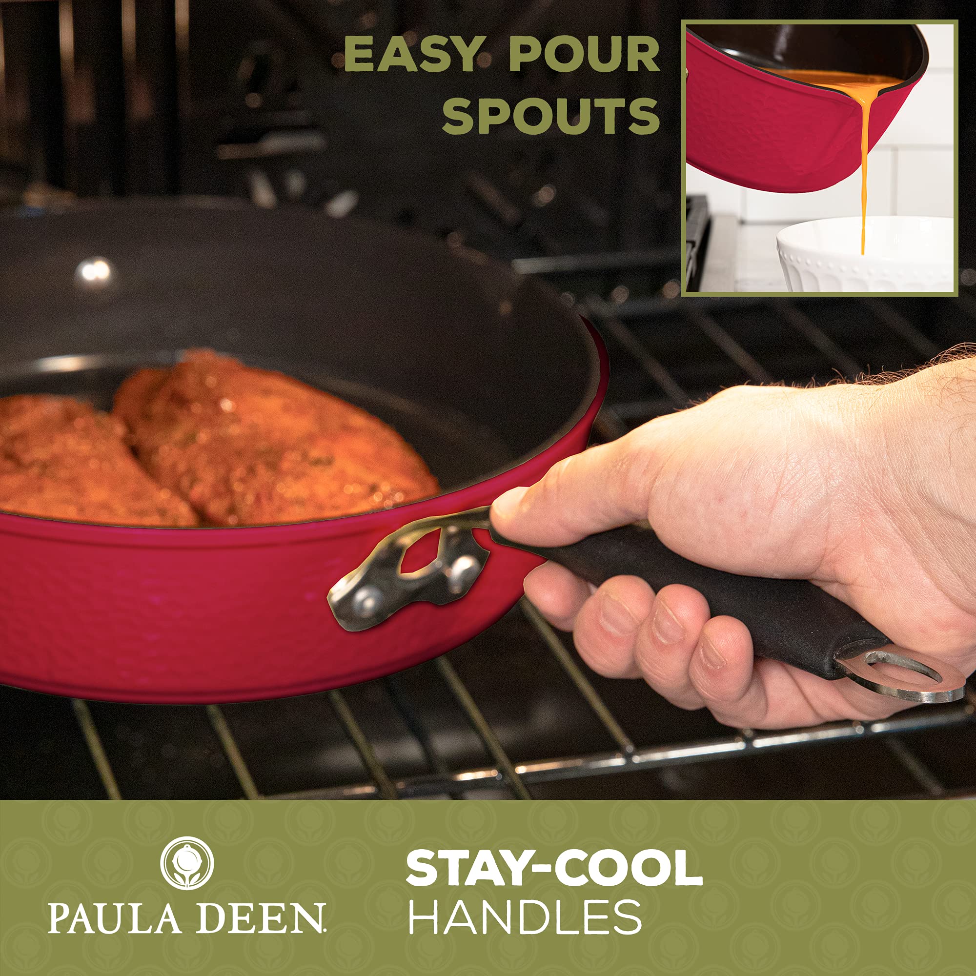 Paula Deen Family 14-Piece Ceramic, Non-Stick Cookware Set, 100% PFOA-Free and Induction Ready, Features Stay-Cool Handles, Dual Pour Spouts and Kitchen Tools (Sea Glass)
