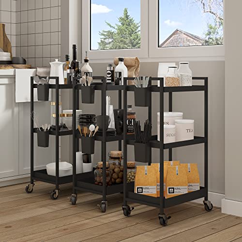STEEHOOM 3 Tier Utility Rolling Cart, Metal Rolling Storage Cart with Locking Wheels Kitchen Cart with 2 Small Hanging Cups for Bathroom, Office, Balcony, Library, Living Room (Black)