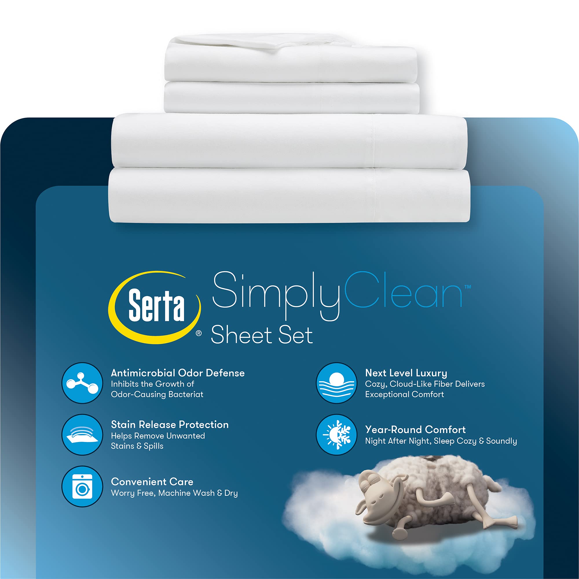 Serta Simply Clean Super Soft Hypoallergenic Stain Resistant Deep Pocket 4 Pieces Solid Bed Sheet Set, Queen, Black