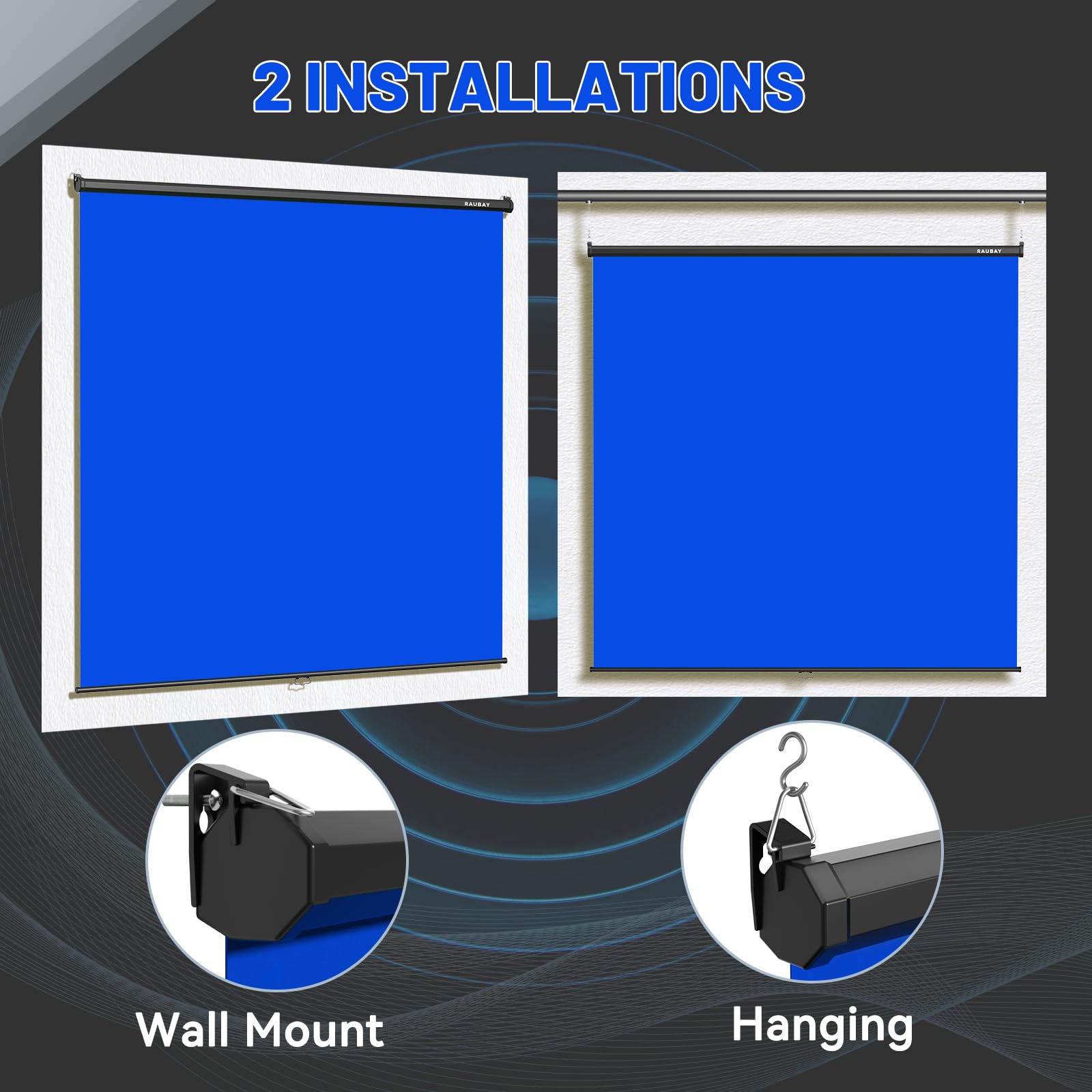 RAUBAY Retractable Pull Down Black Screen Backdrop - 78.7"x 86.6" Collapsible Wall-Mount Background for Professional Video Production, Photography, TikTok and Video Conferencing