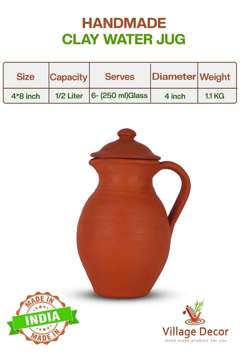 Village Decor Handmade Earthen Clay Water Jug with Lid | Carafes Pitcher | Capacity 51 oz 1500 ml