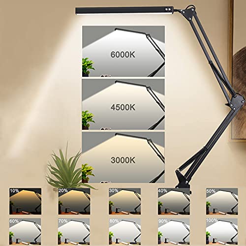 SKYLEO LED Desk Lamp with Clip and Base - Eye Protection Desk Lamps for Home Office - Swing Arm Study Lamp - 3 Light Modes x 10 Brightness Levels - USB Port - 5V/2A Adapter - Black