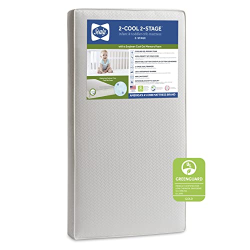 Sealy 2-Cool 2-Stage Dual Firmness Memory Foam Baby Crib Mattress & Toddler Bed Mattress, Extra Firm Plus Cool Gel Foam Waterproof Mattress for Baby, Certified for Safety, Made in USA, 52"x28"