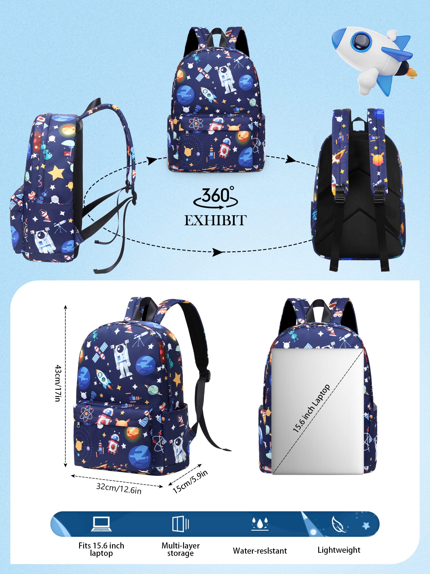 NOVWED Blue School Backpack for Boys Durable Waterproof Backpack with Laptop Compartment Aesthetic Backpack Space