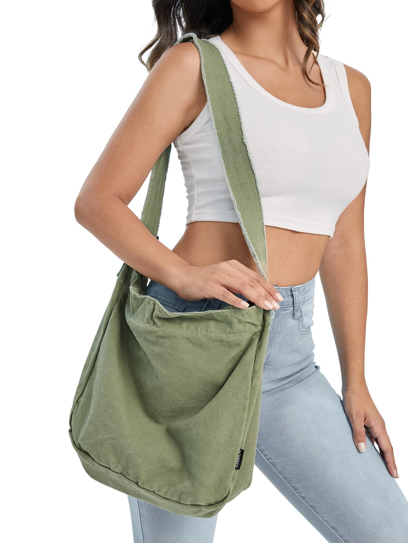 WDIRARA Women's Shoulder Handbags Adjustable Strap Hobo Bags Canvas Tote Bag Green one-size