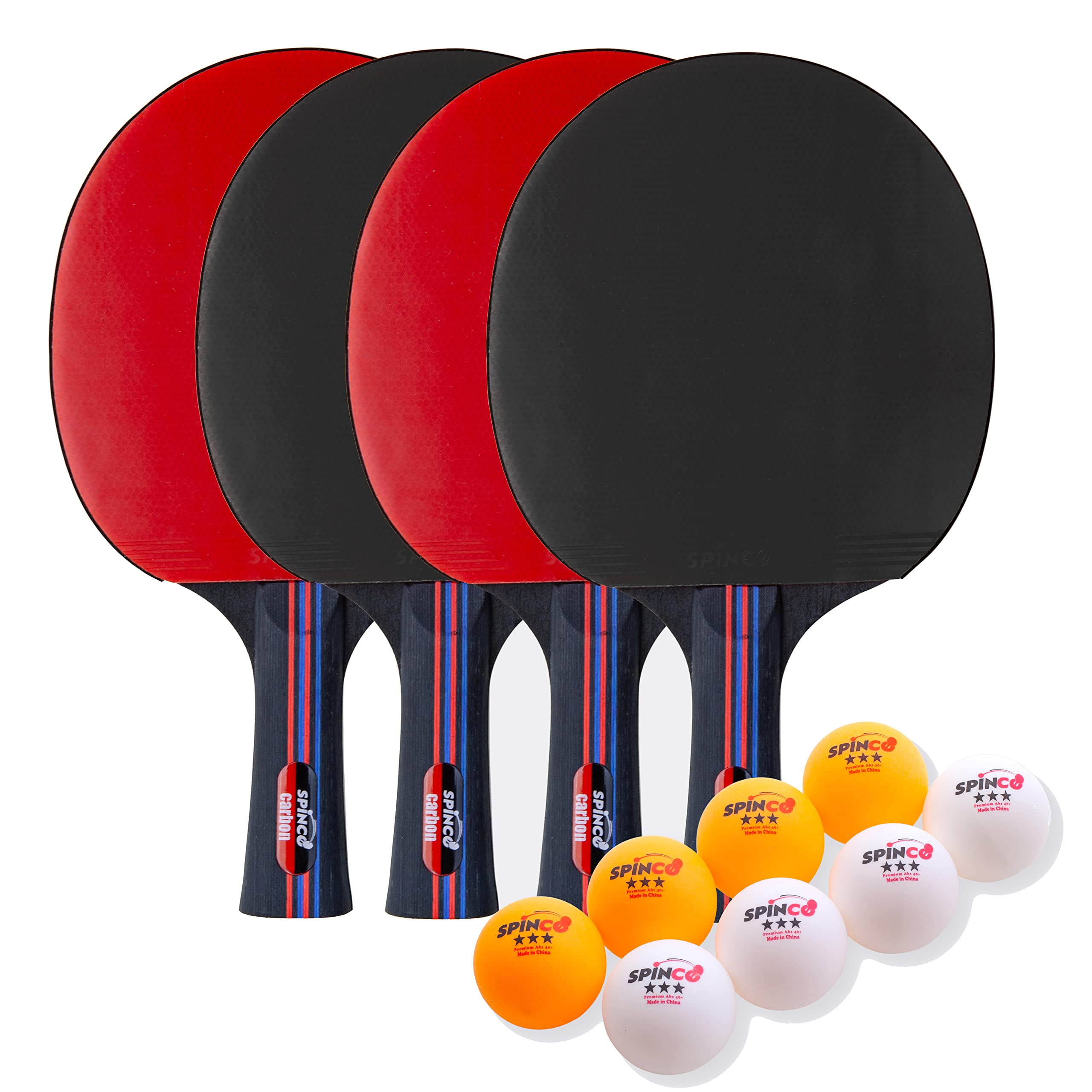 Spinco Carbon Pro Ping Pong Paddle Set of 4 | 2 Layer Carbon Blade with 5 ply Wood | Eight 3-Star Premium 40 + ABS Balls | Beautiful Storage Case.