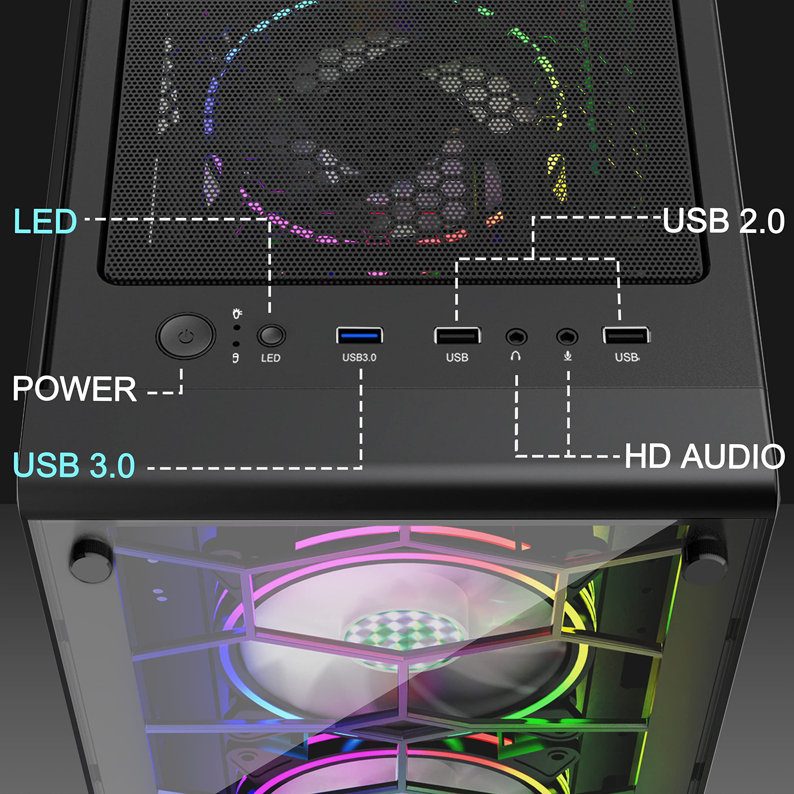 MUSETEX ATX PC Case Pre-Installed 6Pcs 120mm ARGB Fans, Computer Gaming Case with Tempered Glass Side & Front Panels, Metal Honeycomb Mesh, USB3.0, S6-B