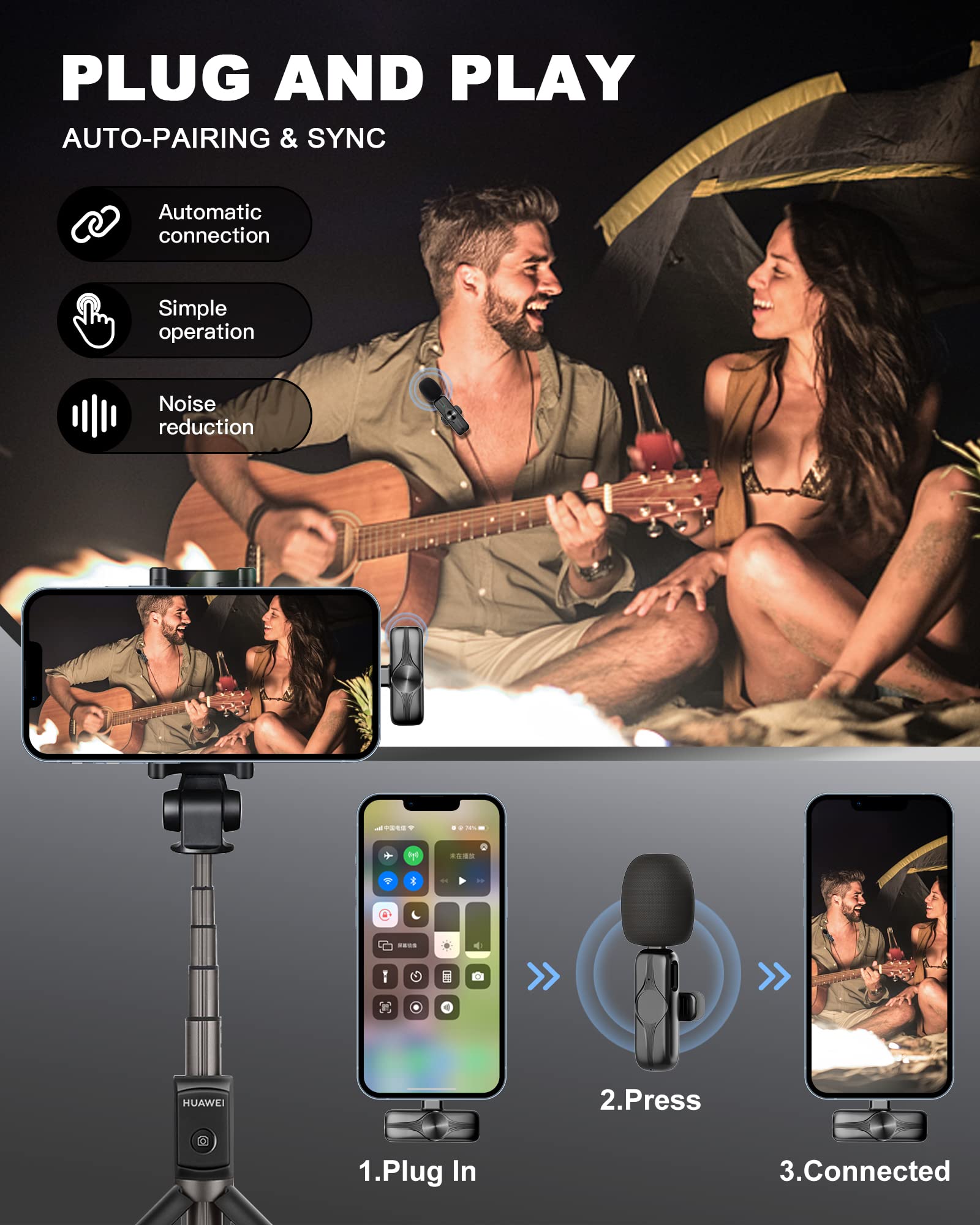 Wireless Lavalier Microphone for iPhone , Professional Video Recording Lav Mic, Ultra Low Delay Auto Sync and Smart Noise Reduction for Recording Vlog YouTube Tiktok Live Stream Interview Black