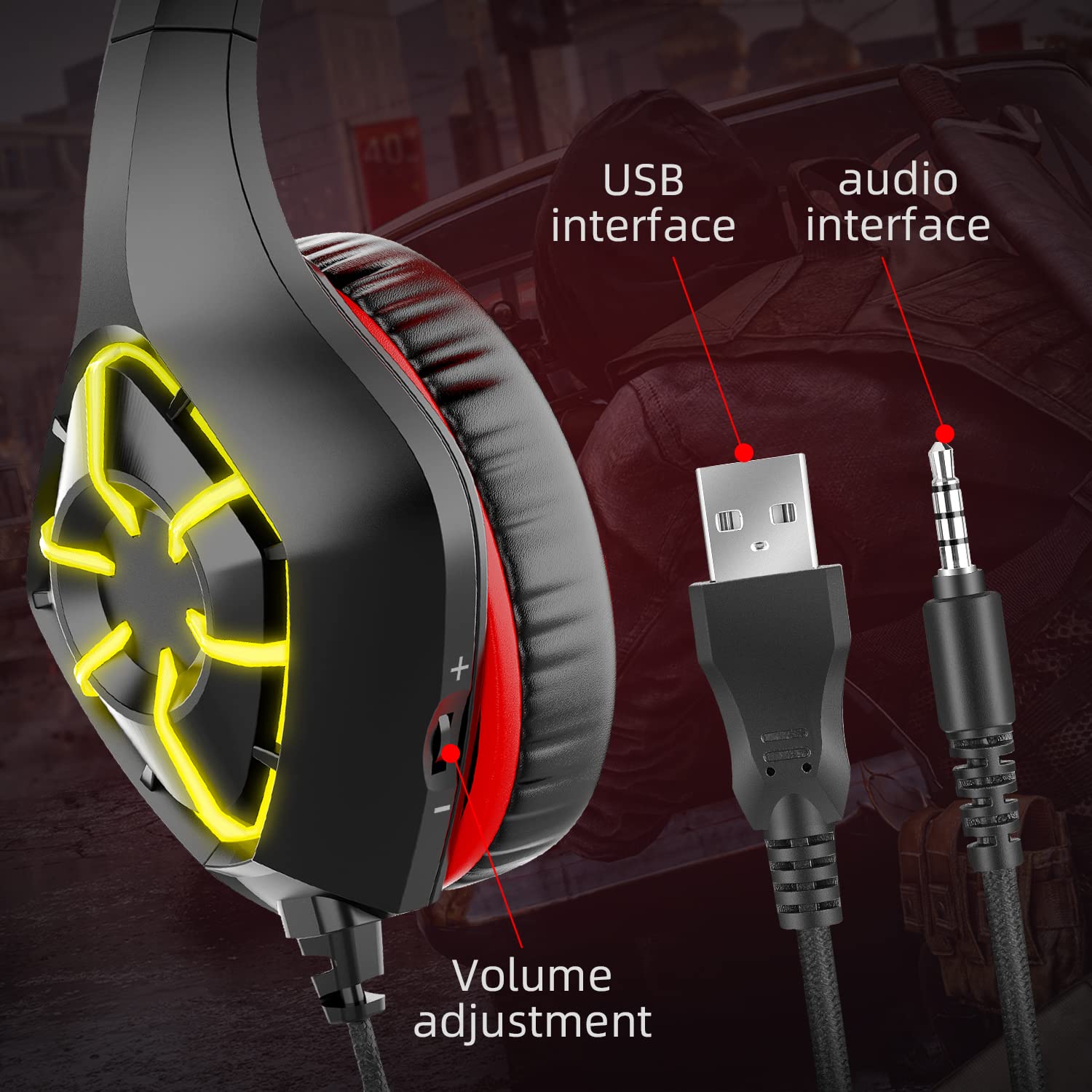 TUMAN Pro Gaming Headset with Microphone for Playstation 5,with RGB Lights and Stereo Channels,3.5mm Jack for PC Xbox One PS5,Comfort Upgrade (Red)