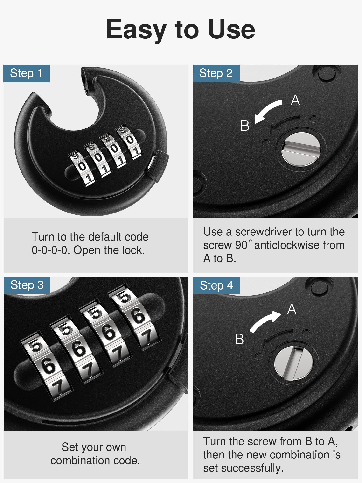 Puroma Combination Lock, 4 Digit Disc Padlock with Hardened Steel Shackle, Keyless Heavy Duty Combo Lock for Outdoor Sheds Fence, Gate Hasps, Storage Unit, School Gym Locker (1 Pack, Black)