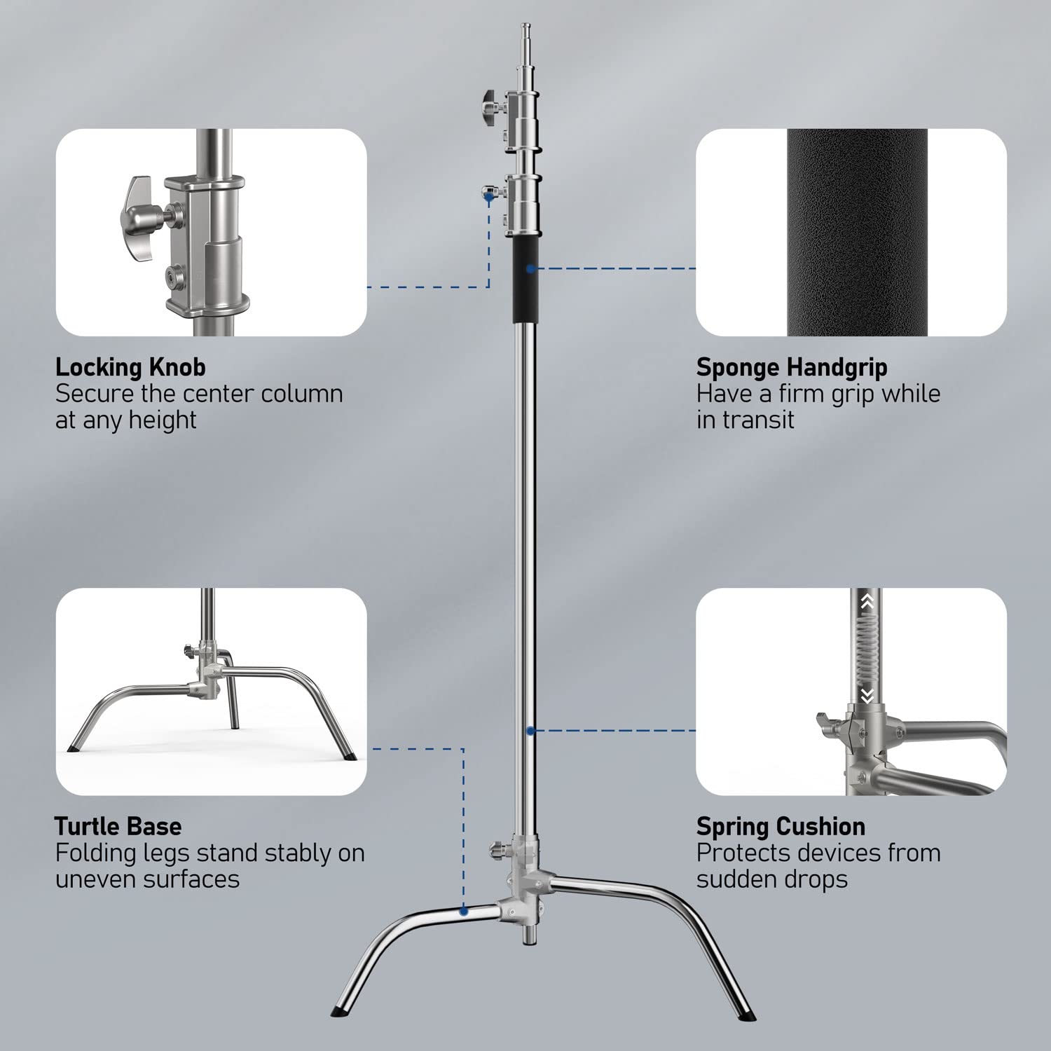 Photography C Stand with Boom Arm: 100% Stainless Steel - Takerers BS11 Heavy Duty Max Height 10.5ft/131inch Light Stands (2 Pack) with 4.2ft/50inch Holding Arm, 2 Grip Head, 2 Sandbag