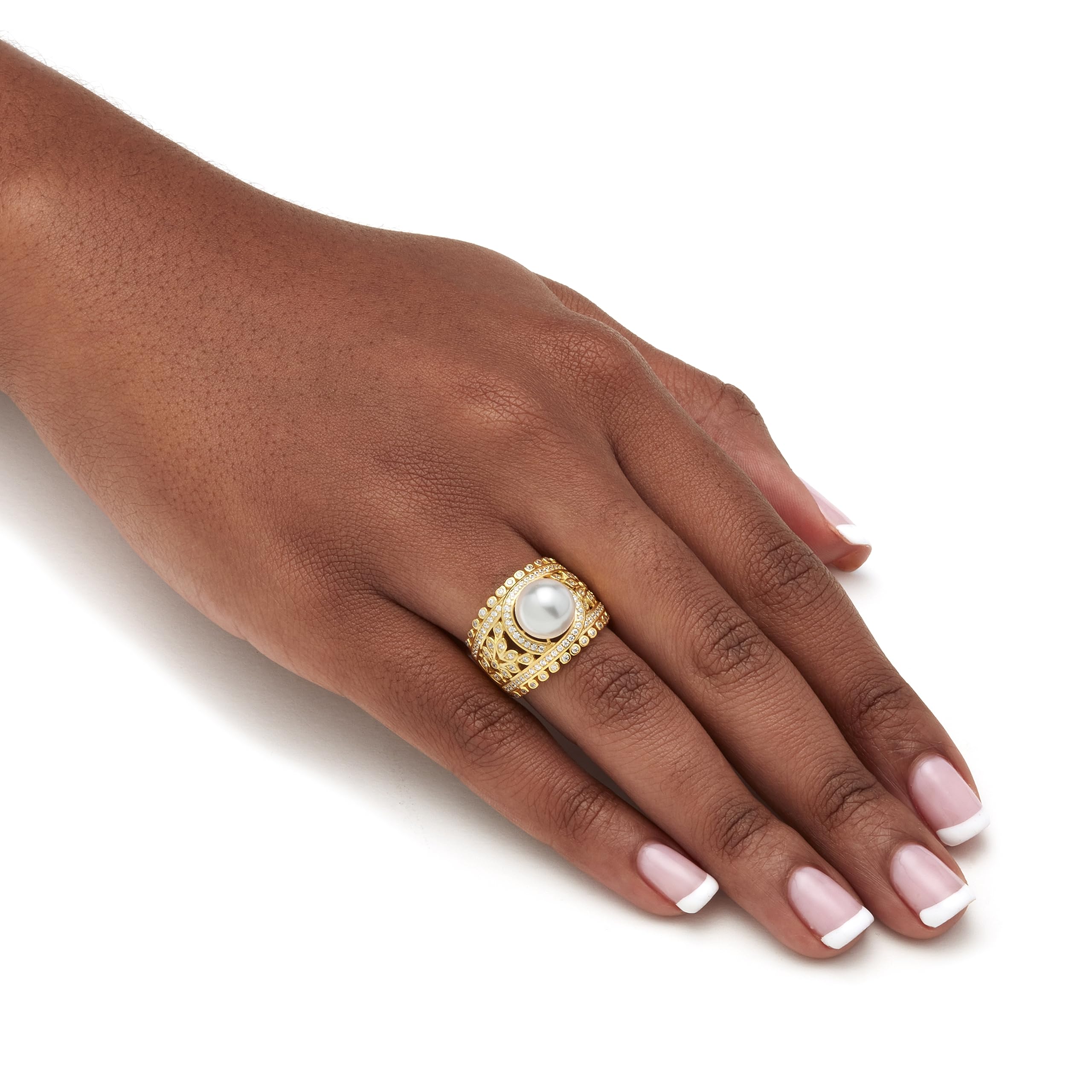 PalmBeach Yellow Gold-Plated or Platinum-Plated Sterling Silver Round Simulated Pearl and Round Cubic Zirconia Floral Ring Size 7