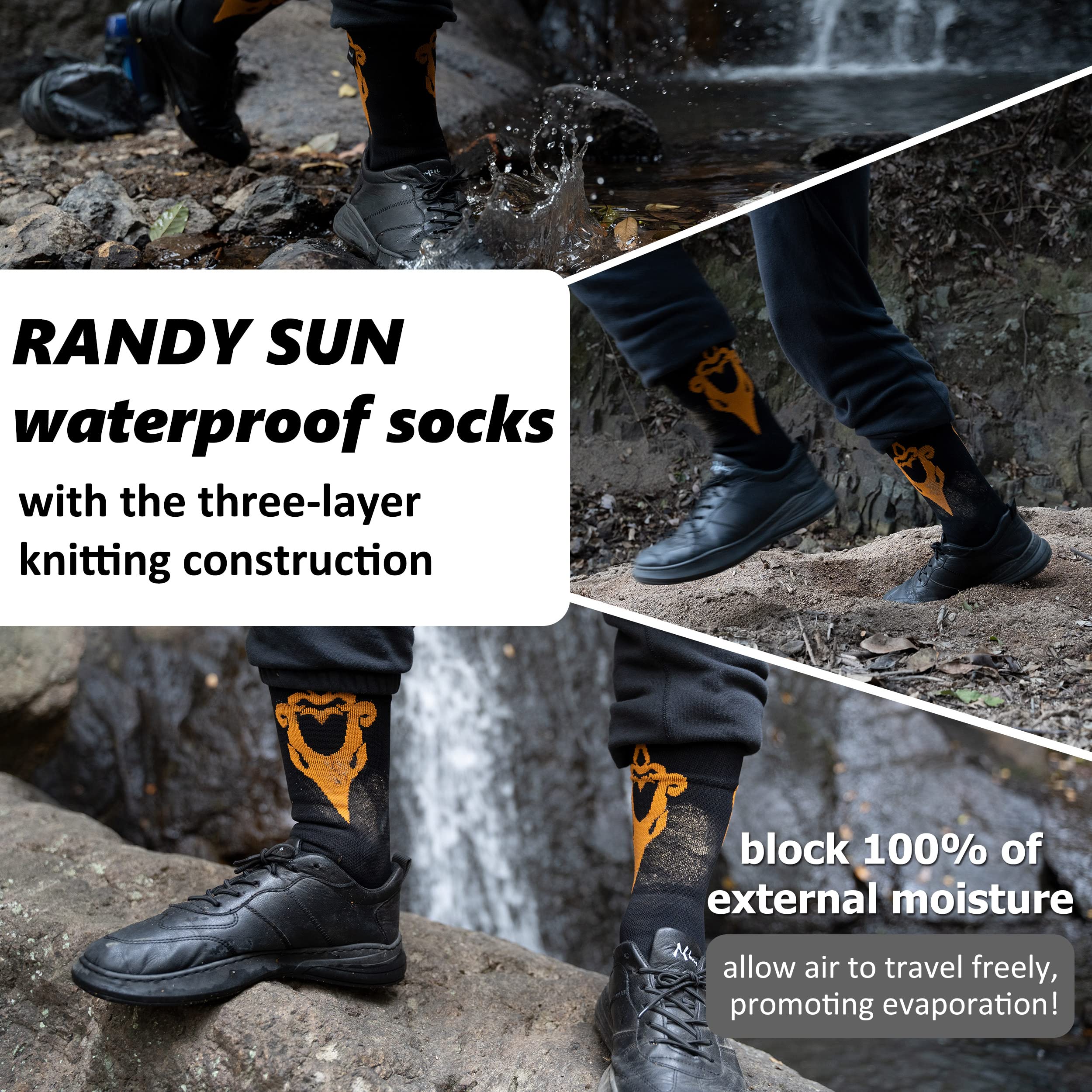 RANDY SUN Merino Wool Lined Waterproof Socks, Unisex Hiking Trekking Comfortable Casual Boot Socks Black Orange M 1 Pair