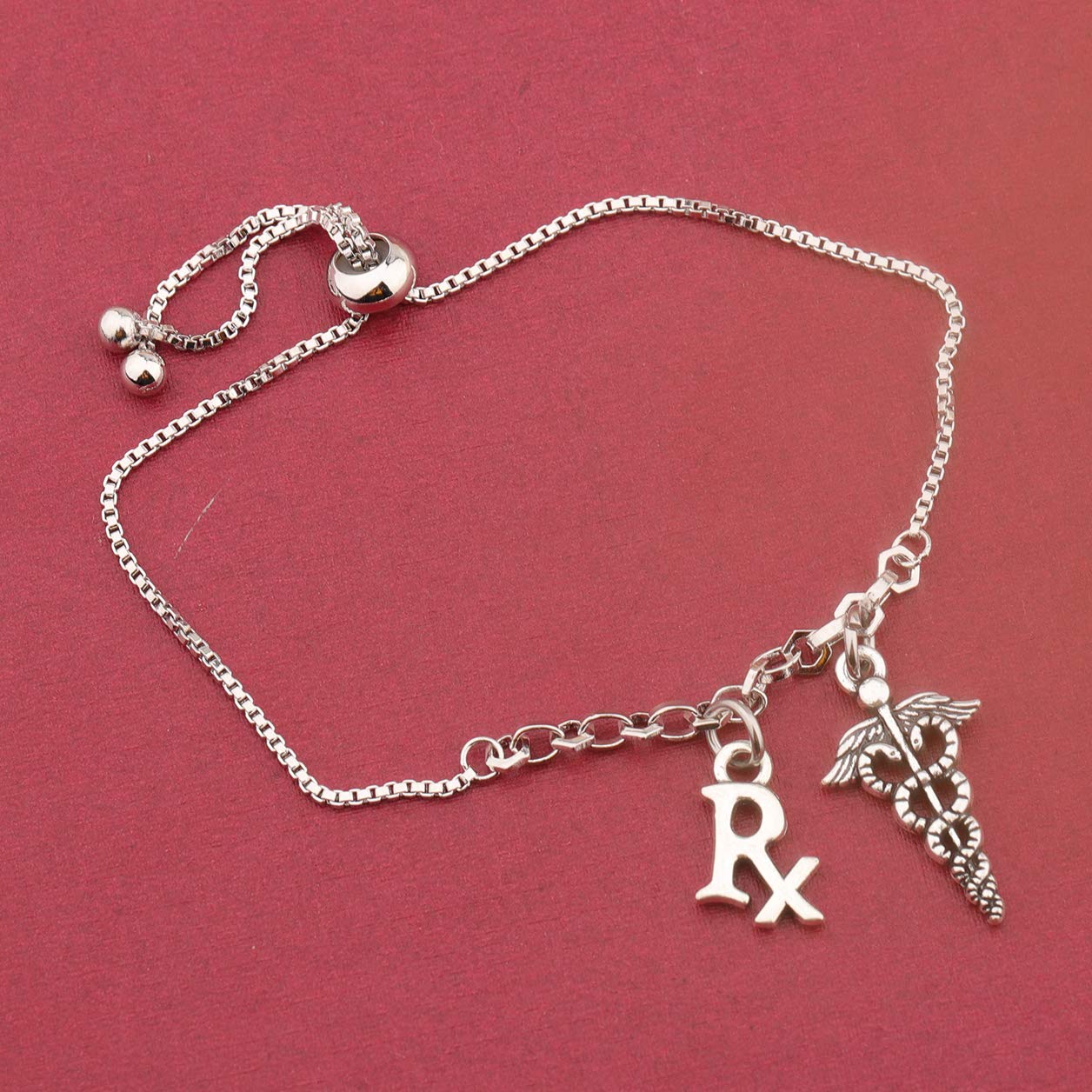 QIIER Pharmacist Gift RX Bracelet RX Symbol Pharmacy Charm Slider Bracelet Pharmacy Technician Jewelry Pharmacy Student Graduation Gift (silver)