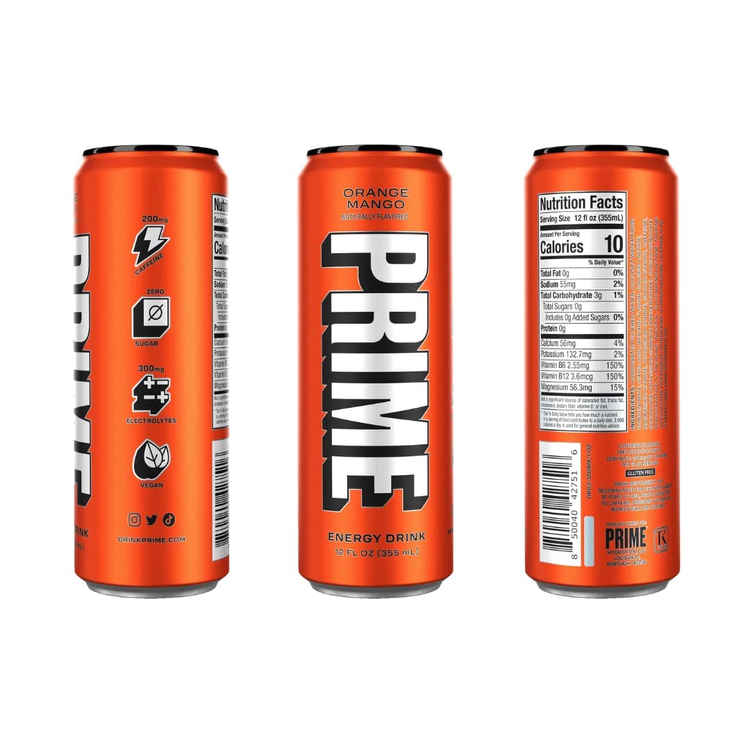 Prime Energy Drink 5 Flavor Variety Pack (1 of each flavor) Blue Raspberry, Lemon Lime, Tropical Punch, Strawberry Watermelon, & Orange Mango