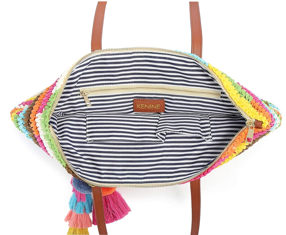SkiPack Multi Color Summer Straw Zipper Tote Purse Large Beach Shoulder Bag with Pom Pom and Tassel (Beige)
