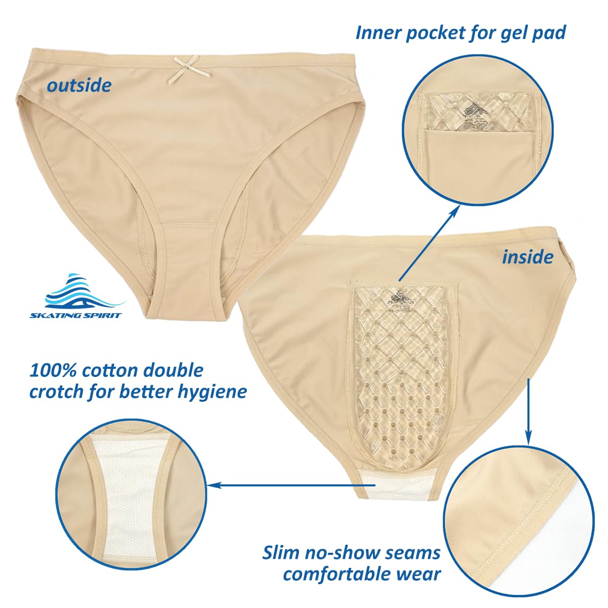Skating Spirit Padded Figure Skating Competition Underskirt Shorts, Slim Padded Panties, Gel Pad Tailbone Cushion Protective Shorts (Medium)
