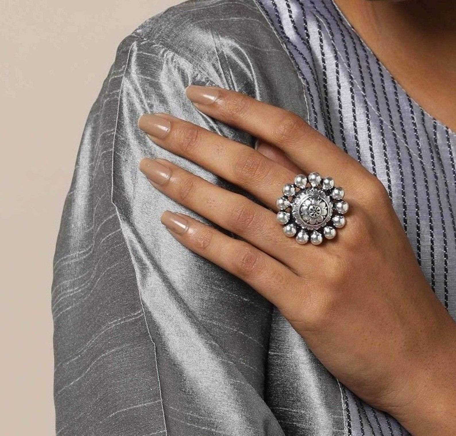 Saissa Silver Tone Oxidized Metal Adjustable Ring Indian Jewelry for Women