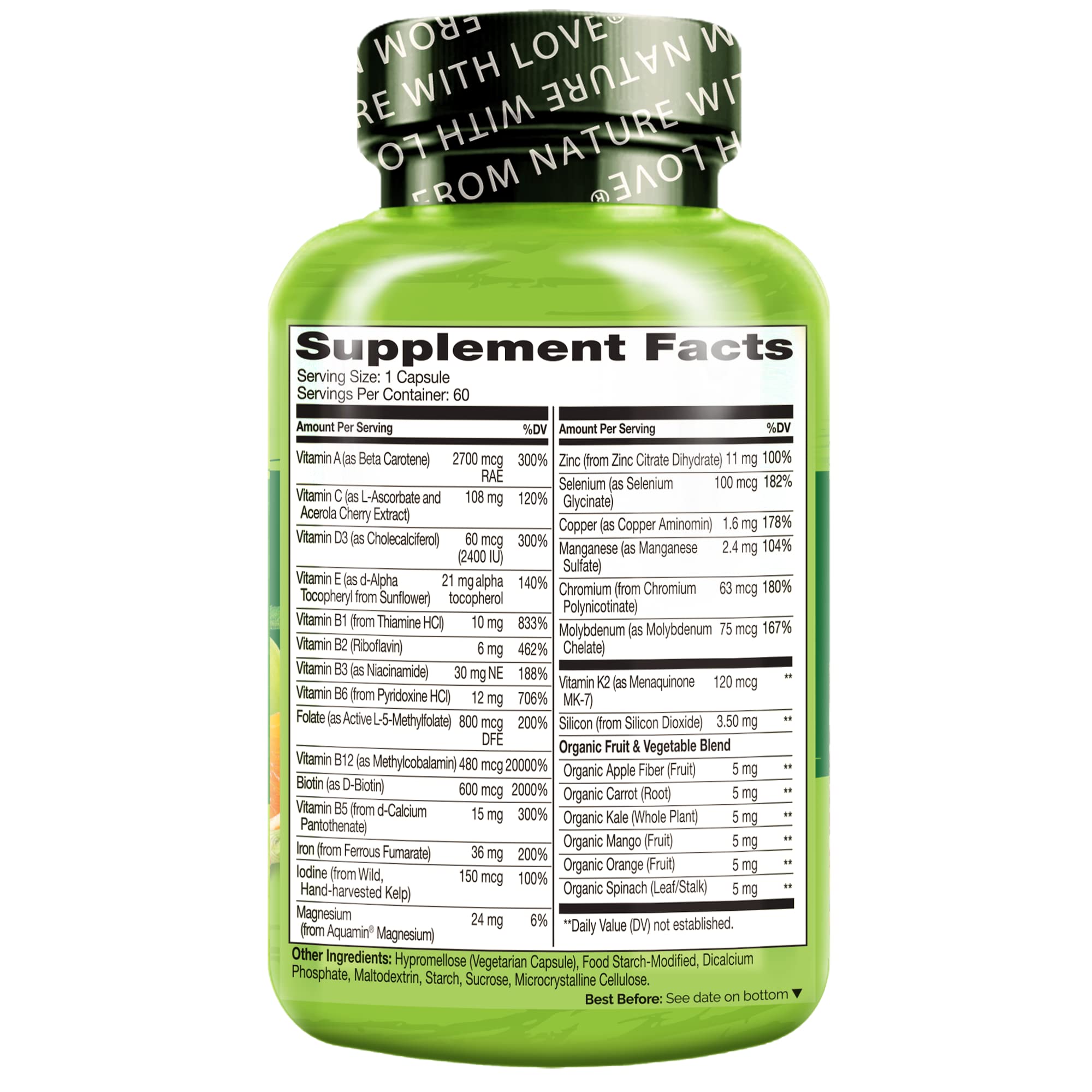 NATURELO Bariatric Multivitamin - One Daily with Iron - Supplement for Post Gastric Bypass Surgery Patients - Natural Whole Food Nutrition - 60 Veggie Capsules