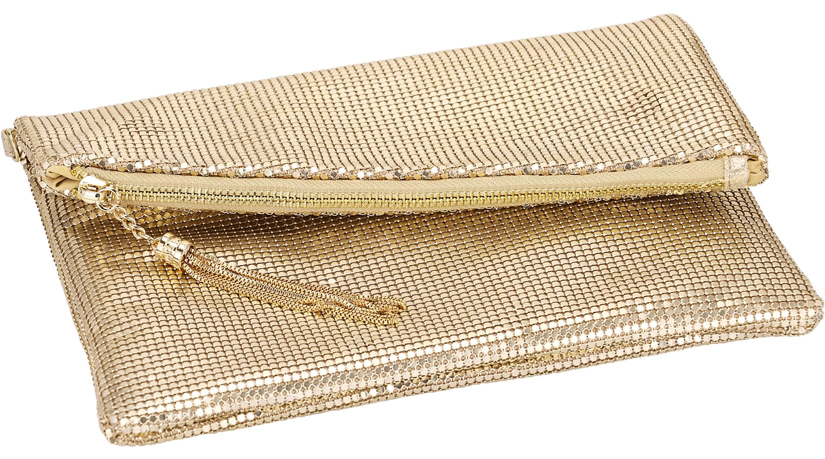 Venoline Large Metal Mesh Evening Clutch Bag Convertible Handbag Tassel Purse Gold