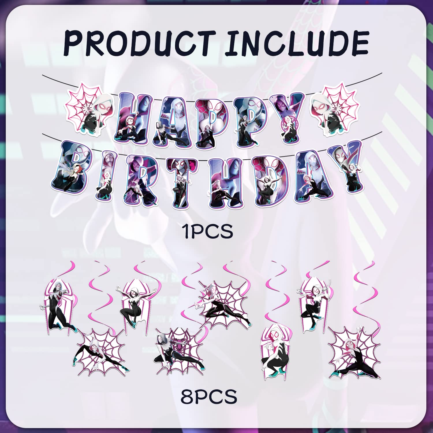 Spider Girl Party Supplies Spider Gwen Happy Birthday Banner Hanging Swirls for Ghost Spider Birthday Decorations
