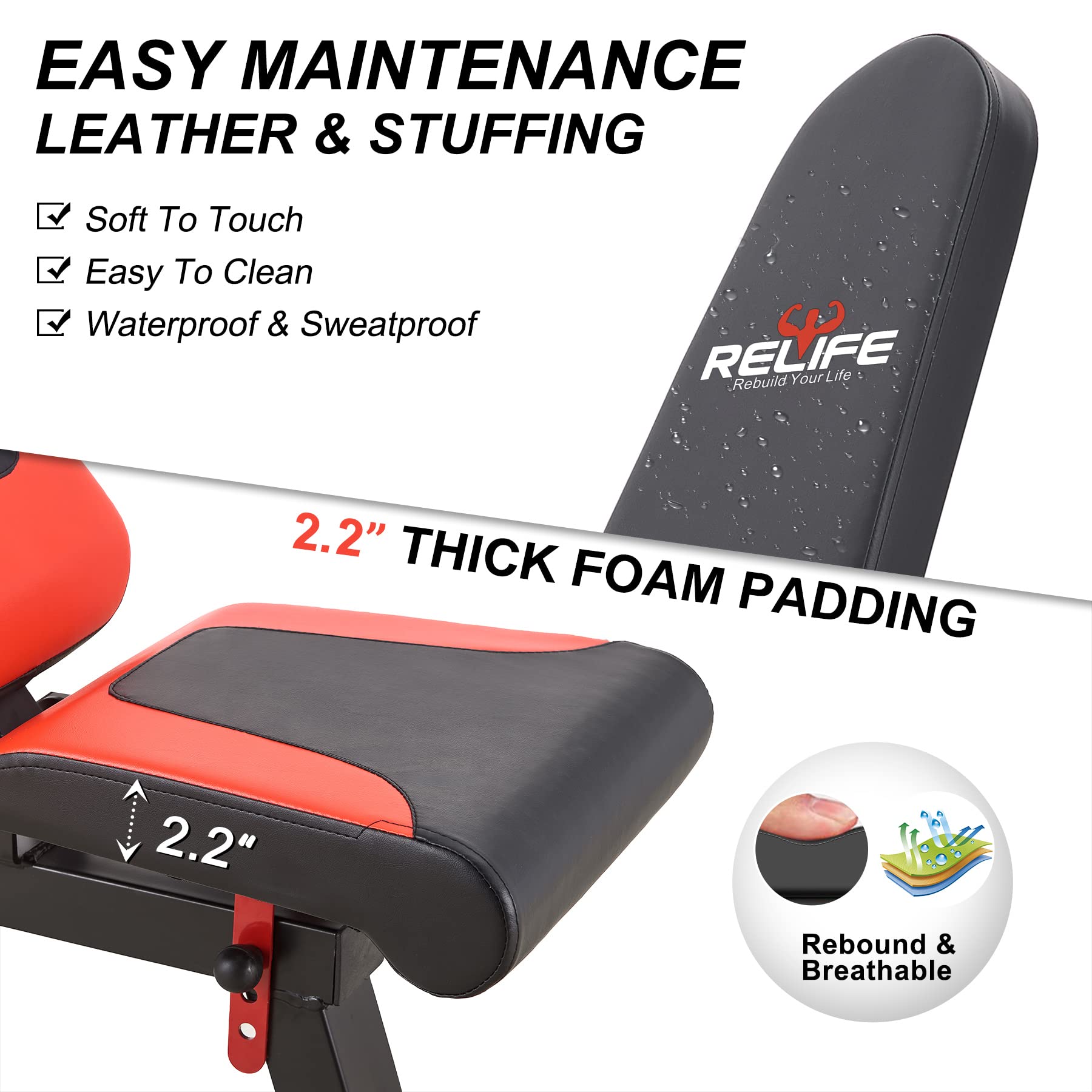 RELIFE REBUILD YOUR LIFE Adjustable Weight Bench, Workout Bench for Full Body Workout, Strength Training Bench, Heavy-Duty Bench Press Bench, Utility Incline/Decline Exercise Bench for Home Gym