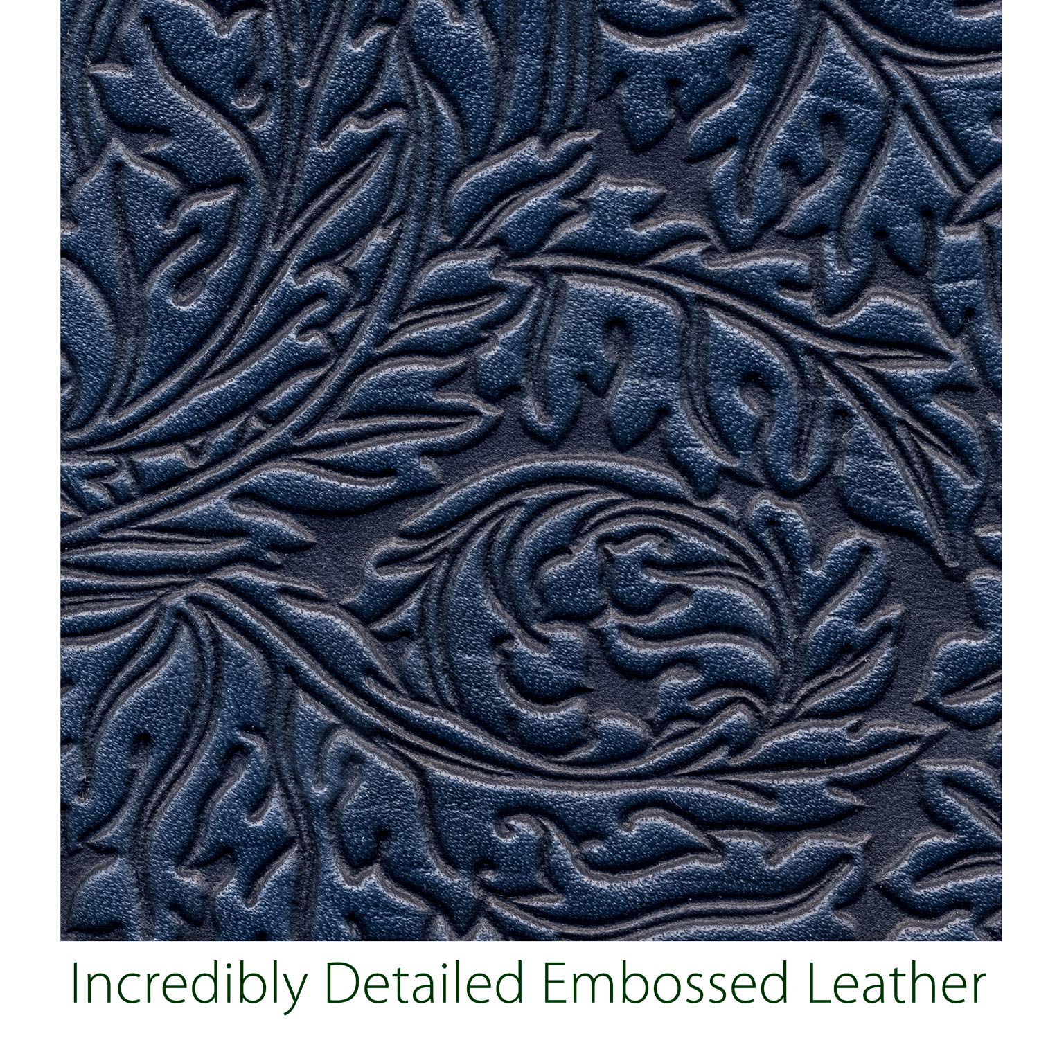 Oberon Design Acanthus Leaf Embossed Genuine Leather Checkbook Cover, 3.5x6.5 Inches, Navy Blue, Made in the USA