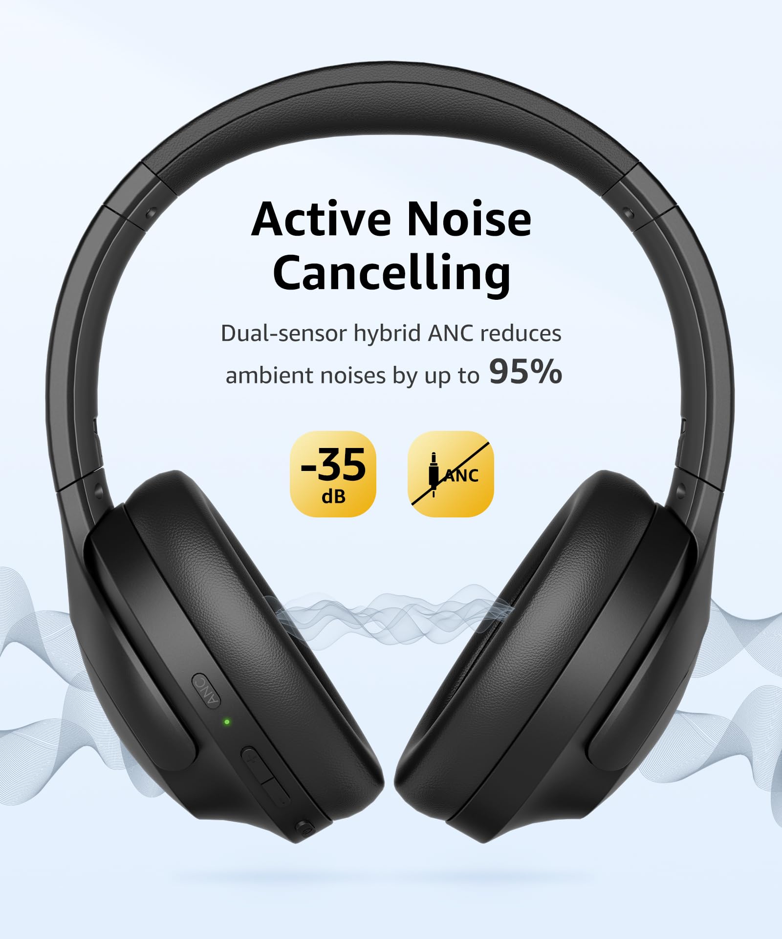 Picun Active Noise Cancelling Headphones with Built-in Microphone, 40H Playing Time Deep Bass Bluetooth Wireless Over Ear Foldable Headphones for Travel, Home, Office, Gym (Black)