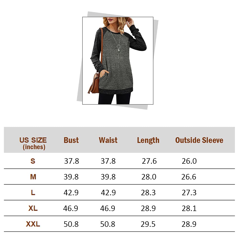 Tunic Sweatshirts for Women, Loose Long Sleeve Tunic Tops with Pockets Dark Gray L