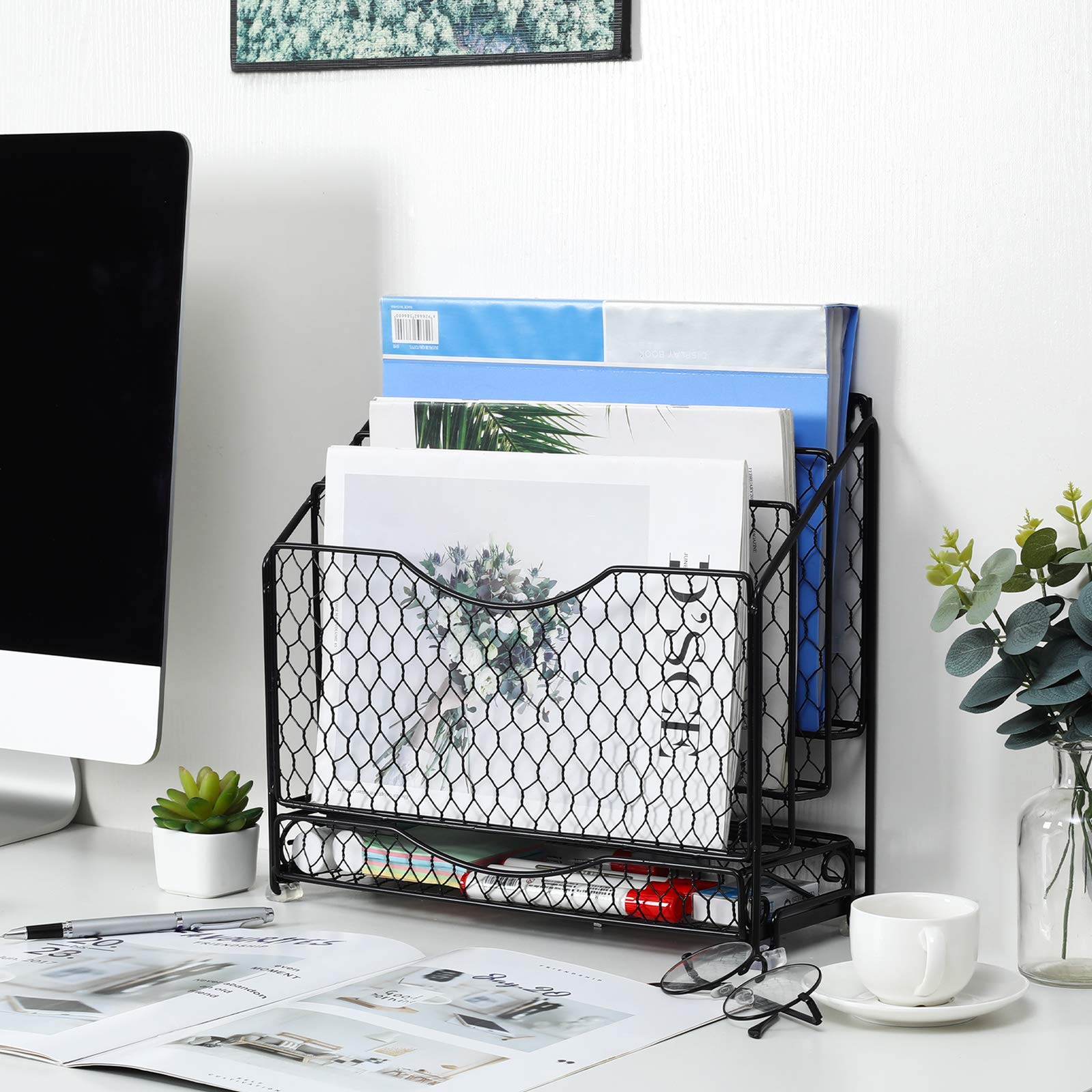 PAG Desktop Wall Mounted File Holder Organizer Metal Chicken Wire Mail Sorter Magazine Rack with Drawer, Black
