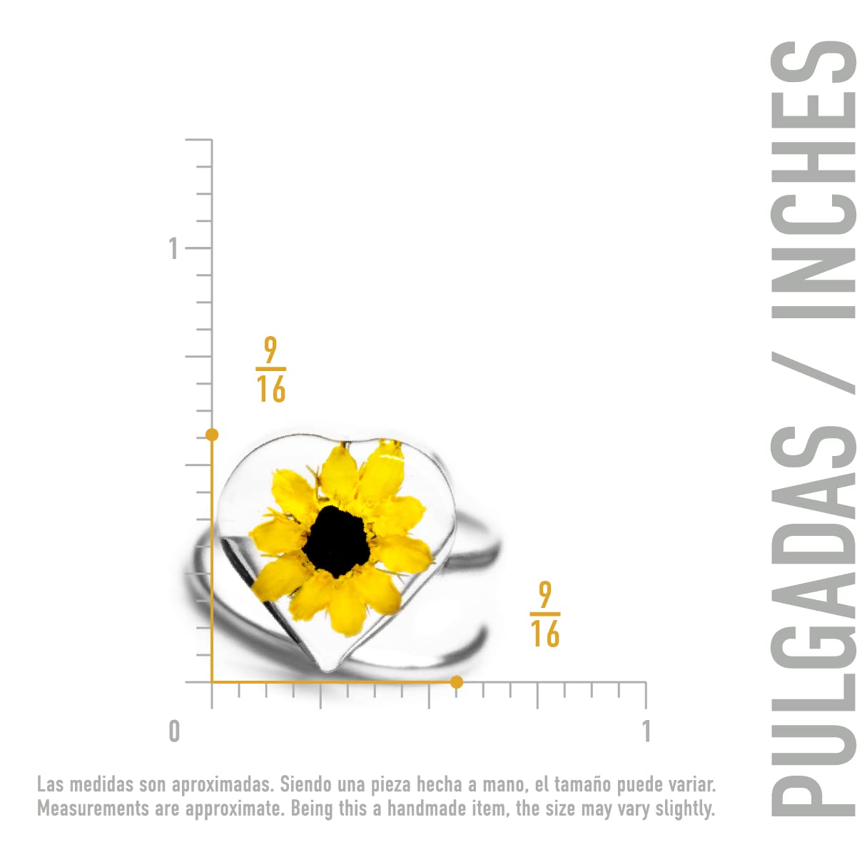 TAMI Real Sunflower Ring in Sterling Silver Adjustable Heart, Floral Jewelry