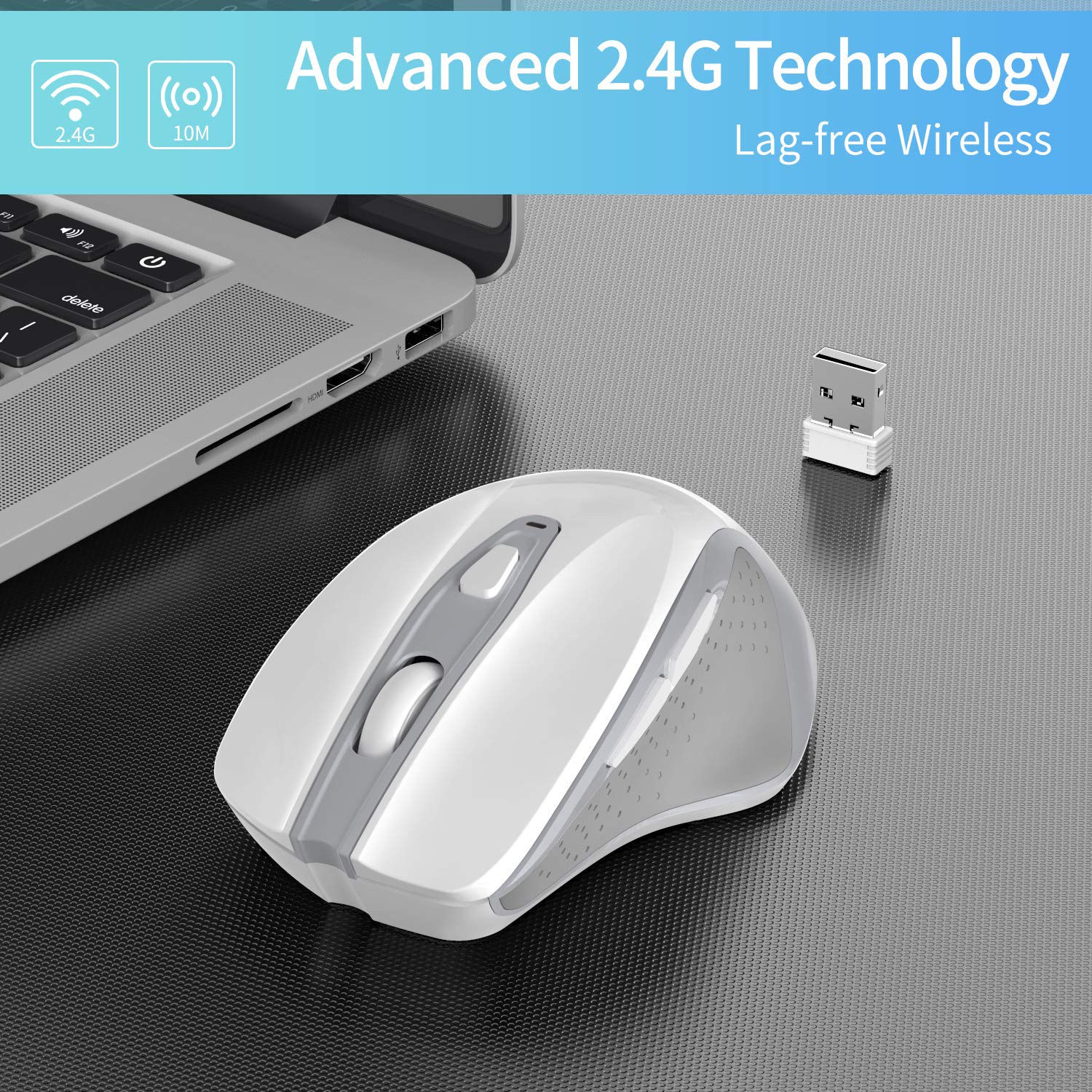 QIJIAYI Computer Wireless Mouse, 2.4G Noiseless Portable USB Mouse Ergonomic Mouse- Fit Your Hand Nicely, 3 Adjustable DPI Levels, Designed for Notebook, PC, Laptop, Computer (White)
